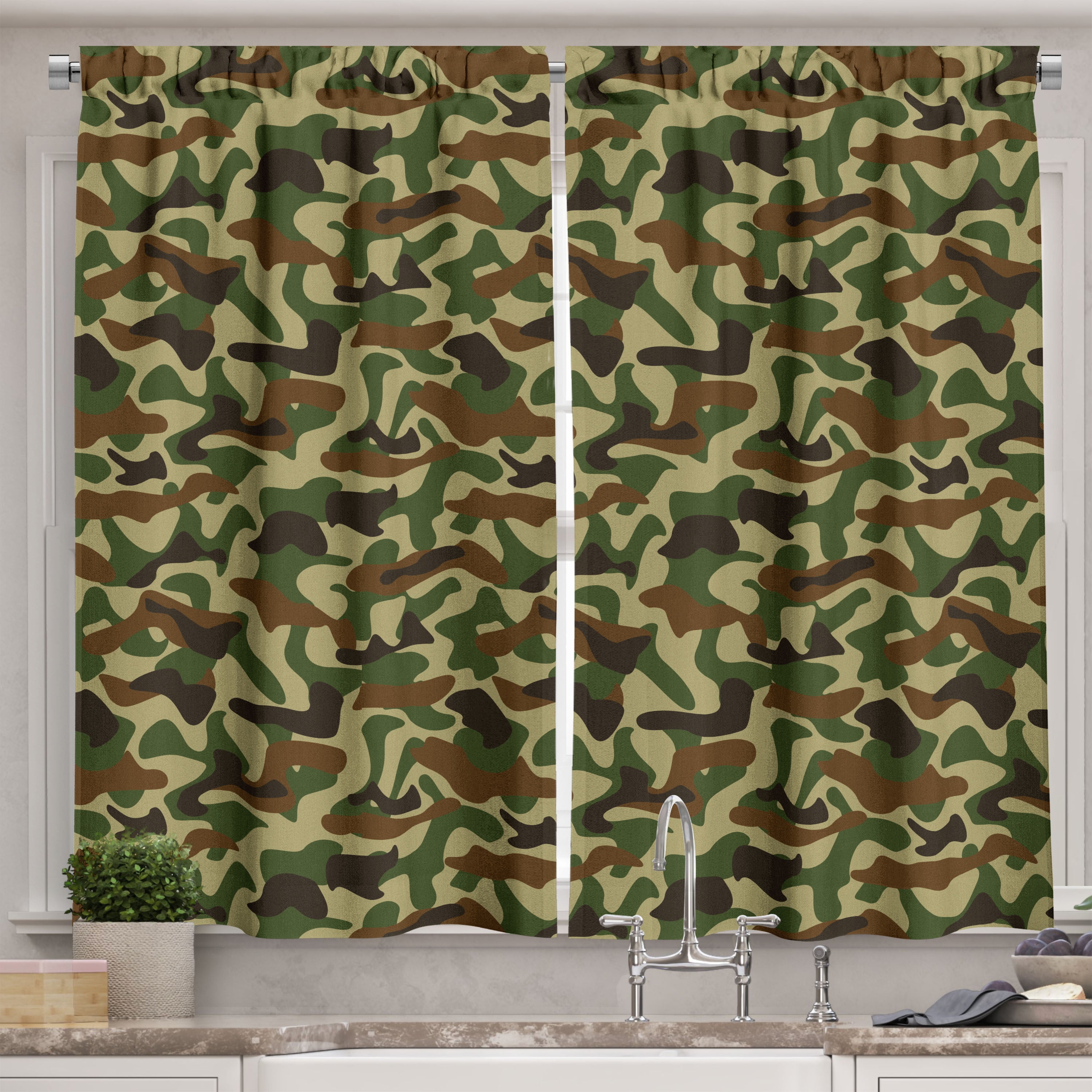 Camouflage Kitchen Curtains, Squad Uniform Design with Vivid Color ...