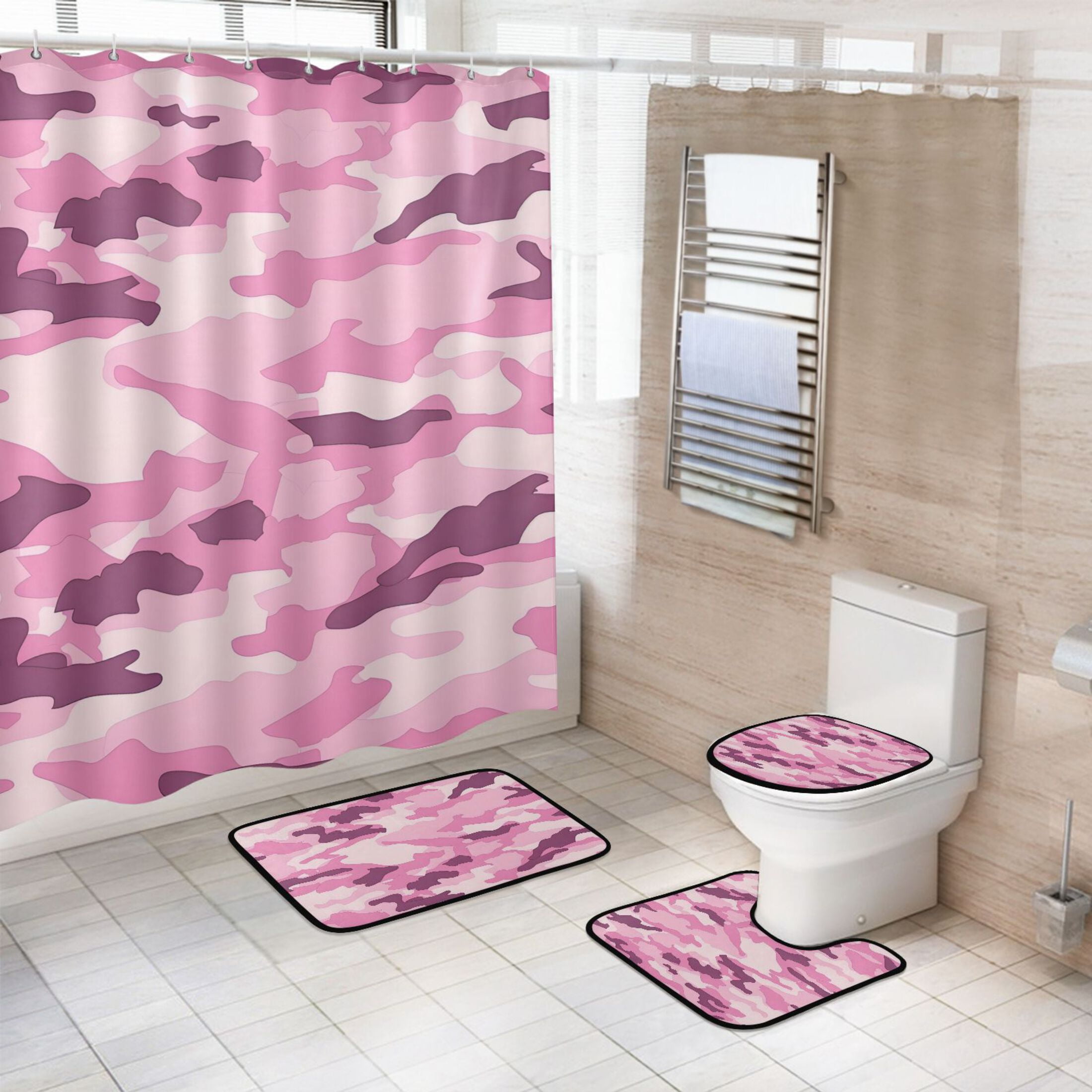 Camouflage Military Pattern Shower Curtain and Rug Sets Toilet Lid ...