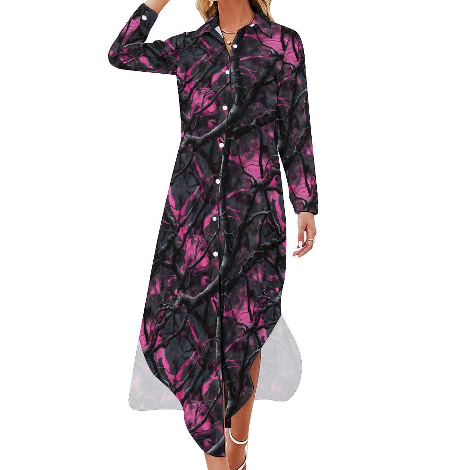 Camouflage Pink Hunting Women's Maxi T Shirt Dress Long Sleeve Lapel ...