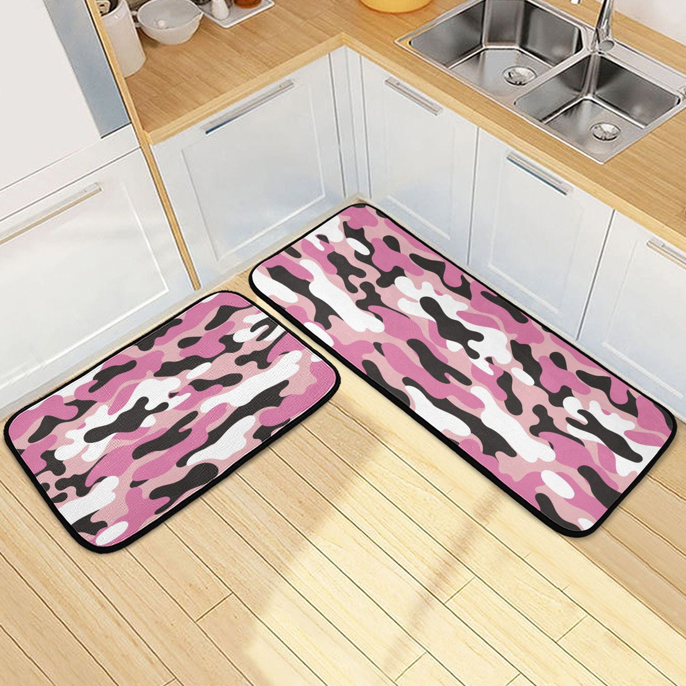 Camouflage Pink Kitchen Rugs Set of 2 Non Slip Floor Foam Mat Cushioned ...