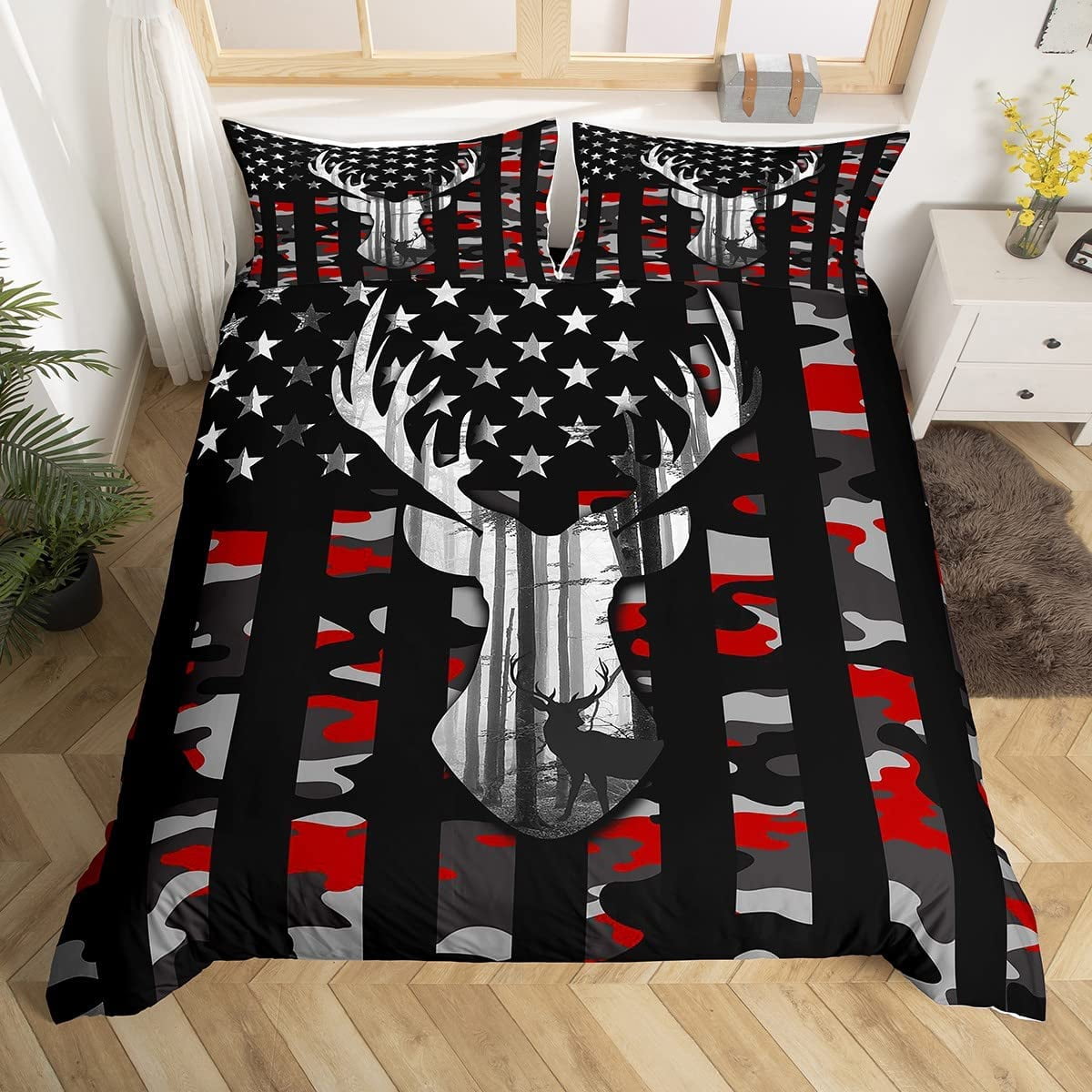 Camouflage USA Flag Bedding Comforter Full Size, Red Black Grey Camo ...