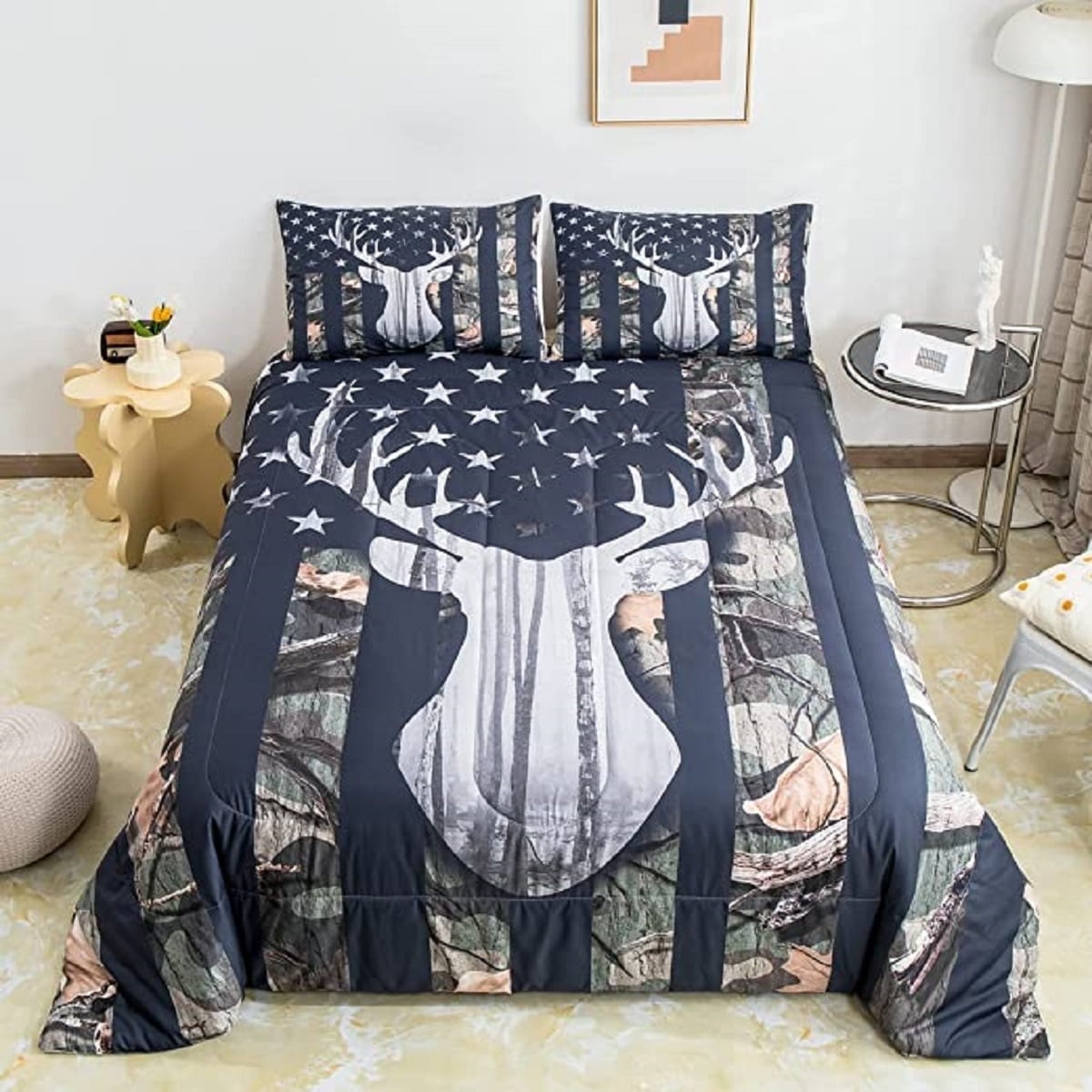 Queen Size Camo USA Flag Quilt Set with Grey Antlers & Trees Print, 2 ...