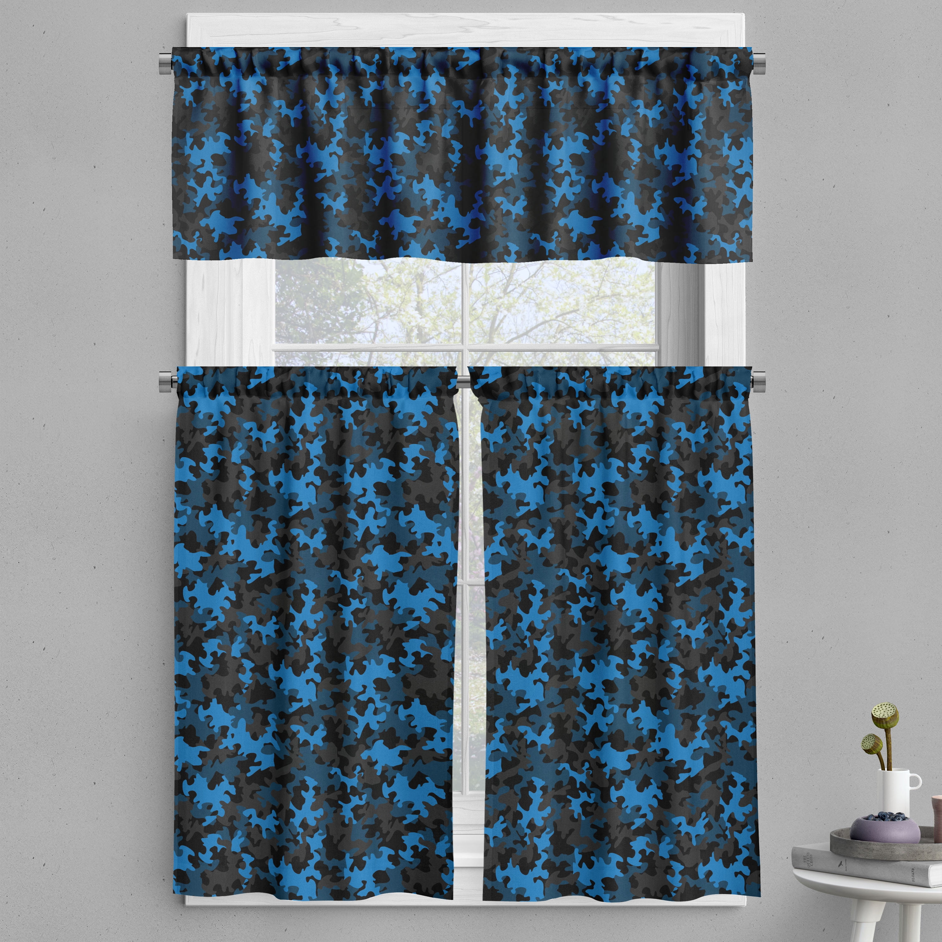 Camouflage Valance & Tier Curtain 3 pcs Set, Dark Toned Pattern ...
