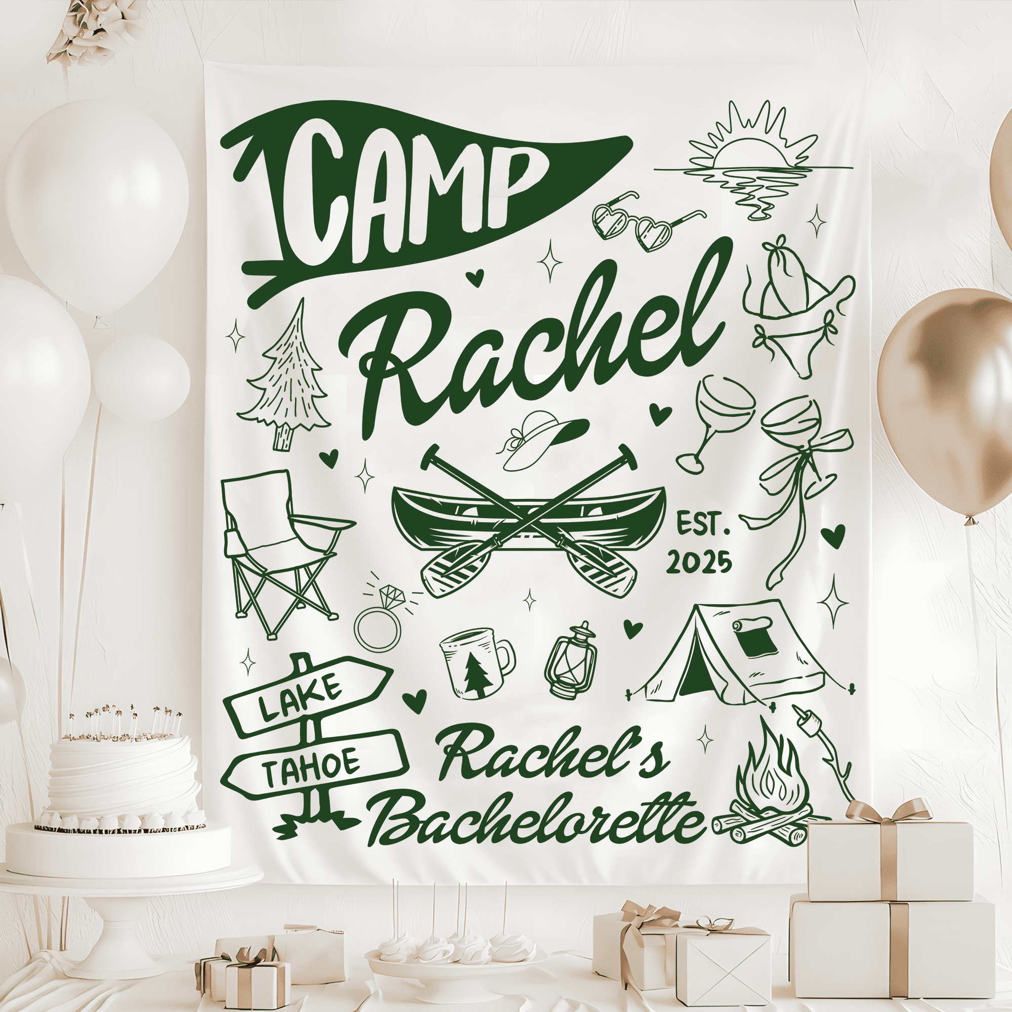 Camp Bachelorette Tapestry, Personalized Lake Club Banner, Camping ...