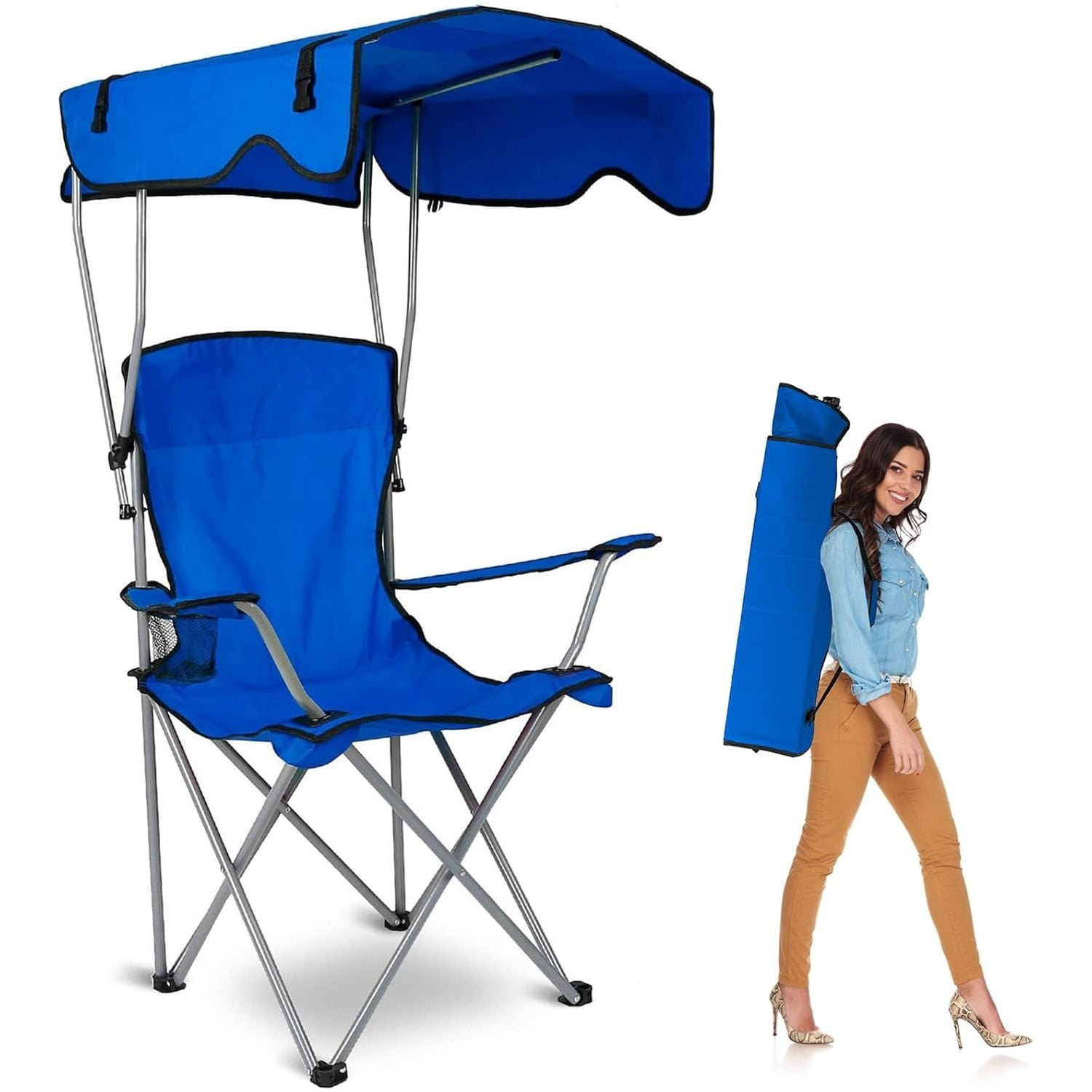 Camp Chair with Shade Canopy, Heavy Duty Max Shade Folding Camping Lawn ...