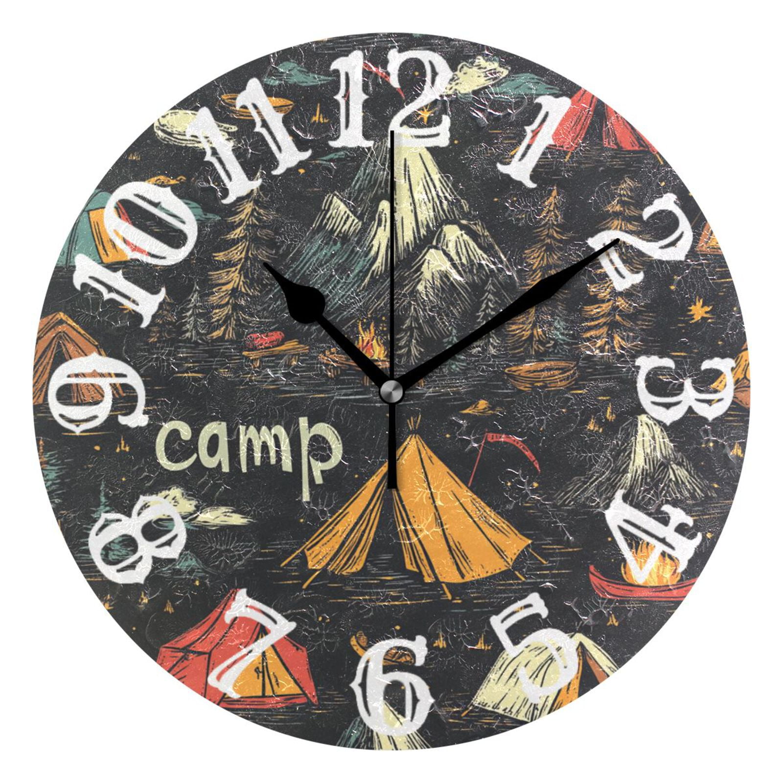 Camp Fire Trees Wall Clock 10 inch Non-Ticking Easy to Read Decorative ...