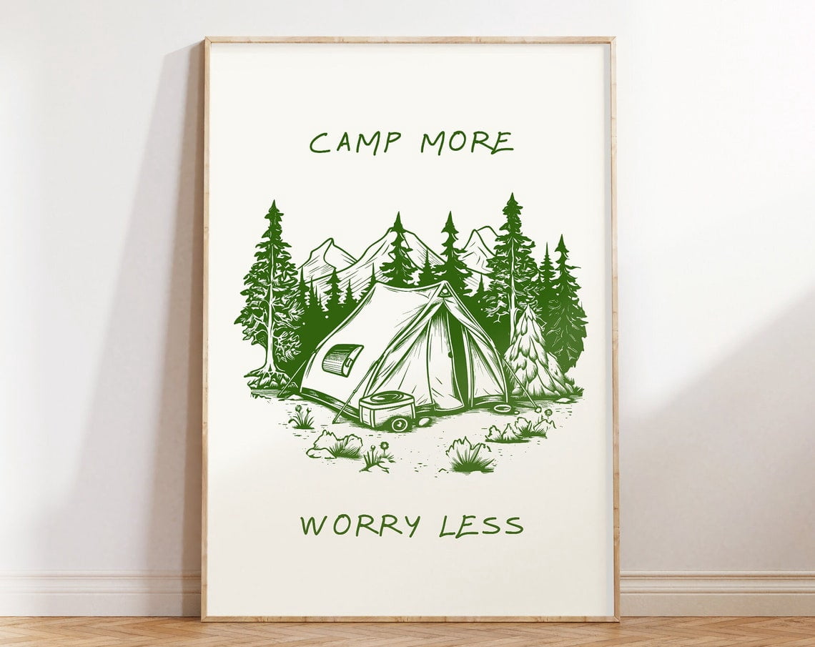 Camp More Worry Less Print, Vintage Camping Print, Retro Hiking Decor ...