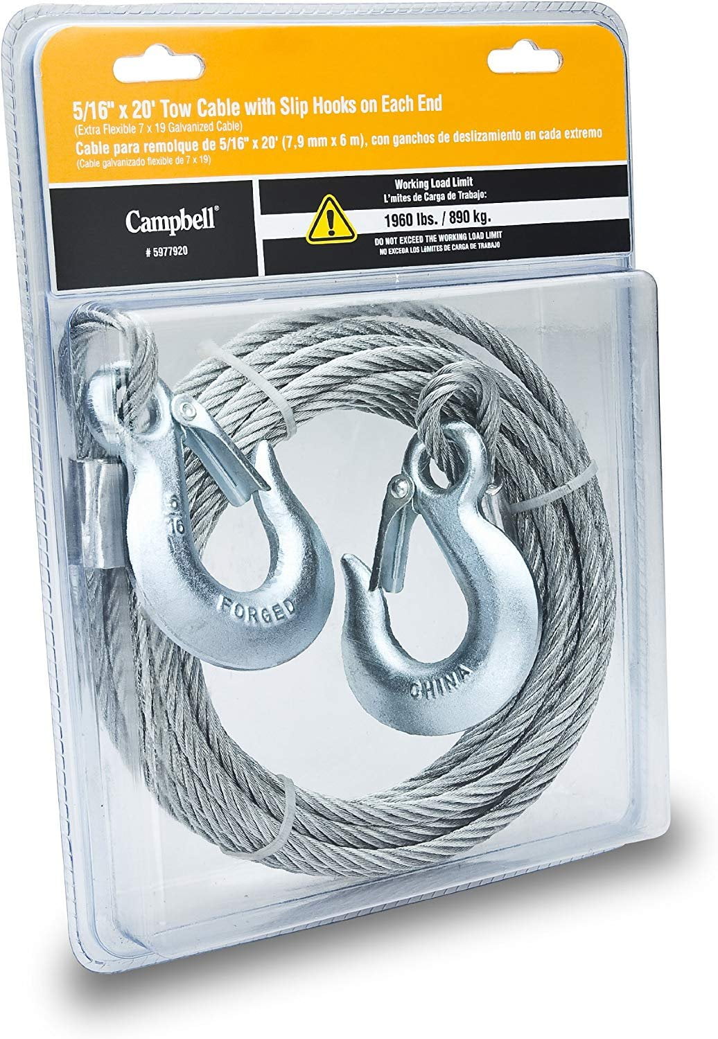 Campbell 5977920 Uncoated Tow Cable with Slip Hooks on Each End in ...