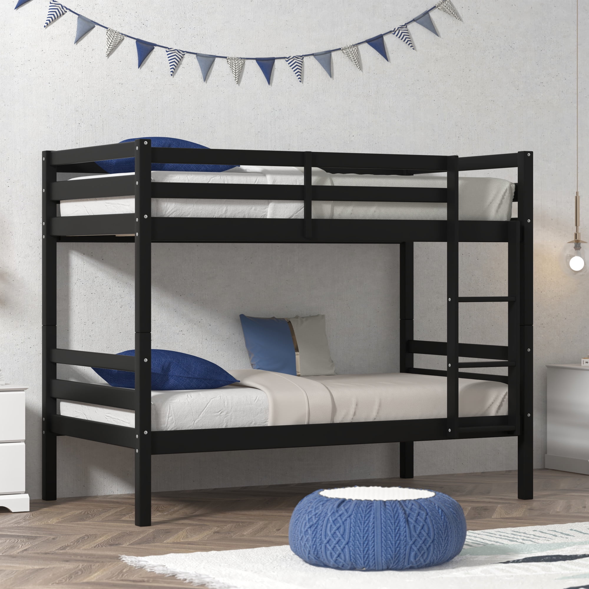Campbell Wood Twin over Twin Convertible Bunk Bed, Black - Walmart.com