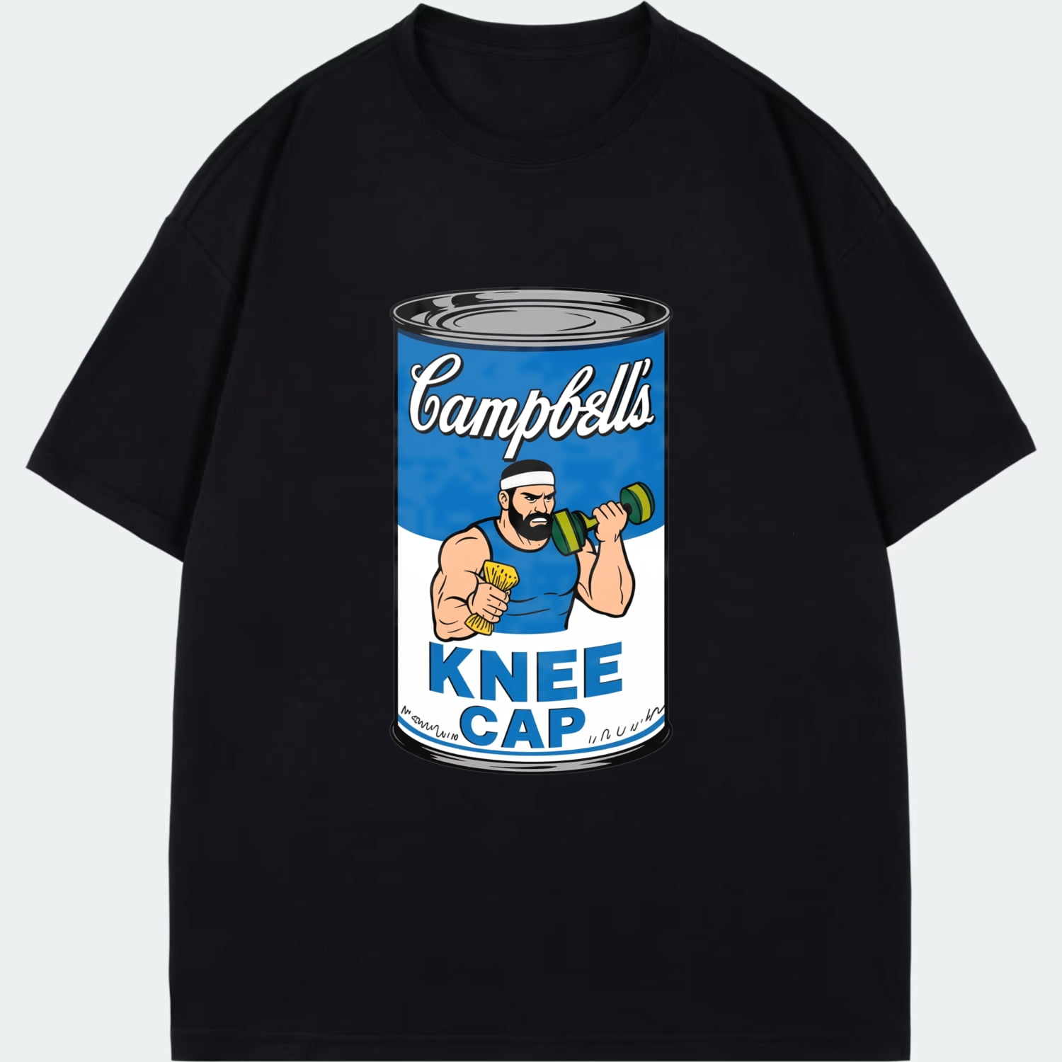 Campbell's Knee Cap T-Shirt Black Pop Art Can Design With Strongman ...