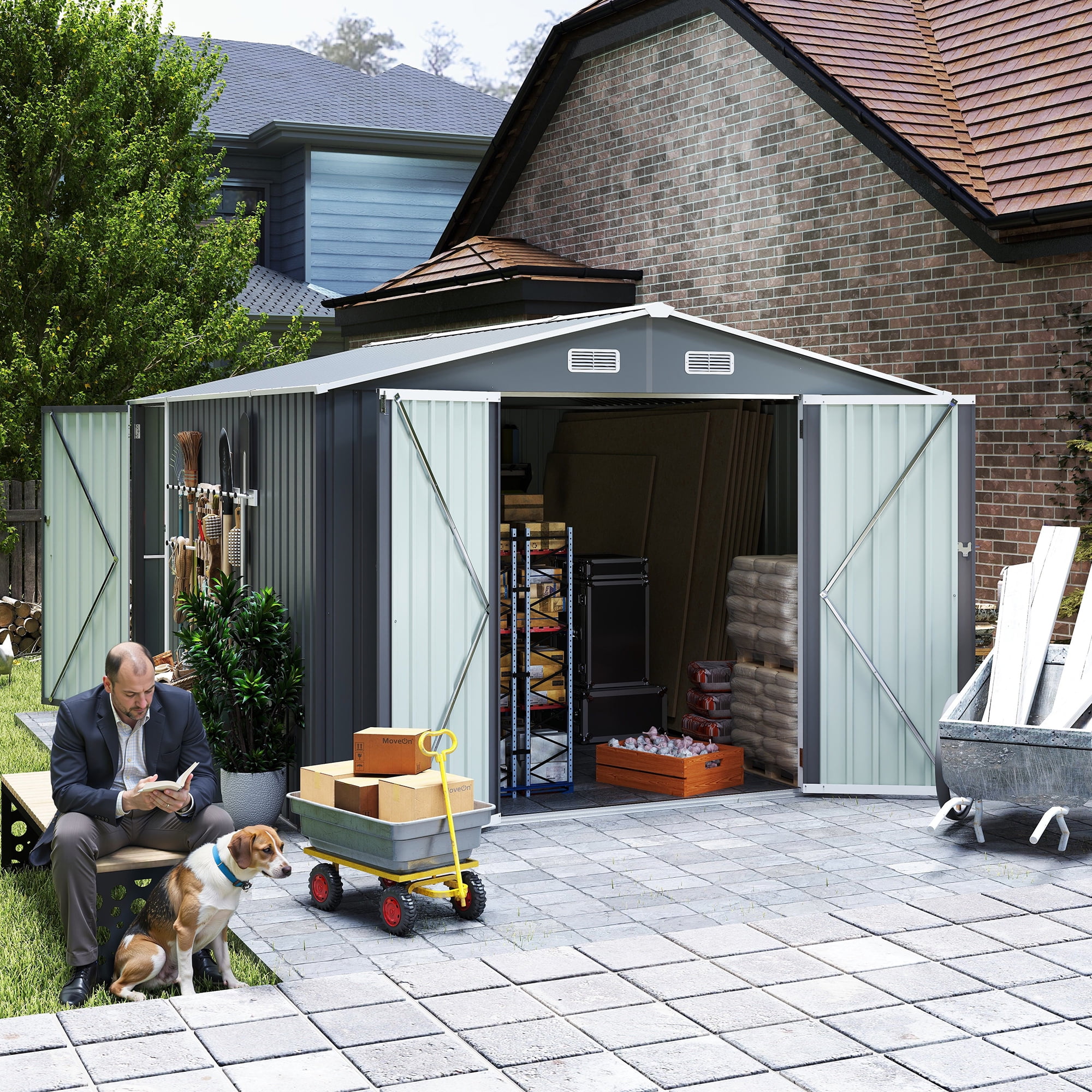 Campcraft 9x11 FT Outdoor Storage Shed with 3 Lockable Doors, Metal ...