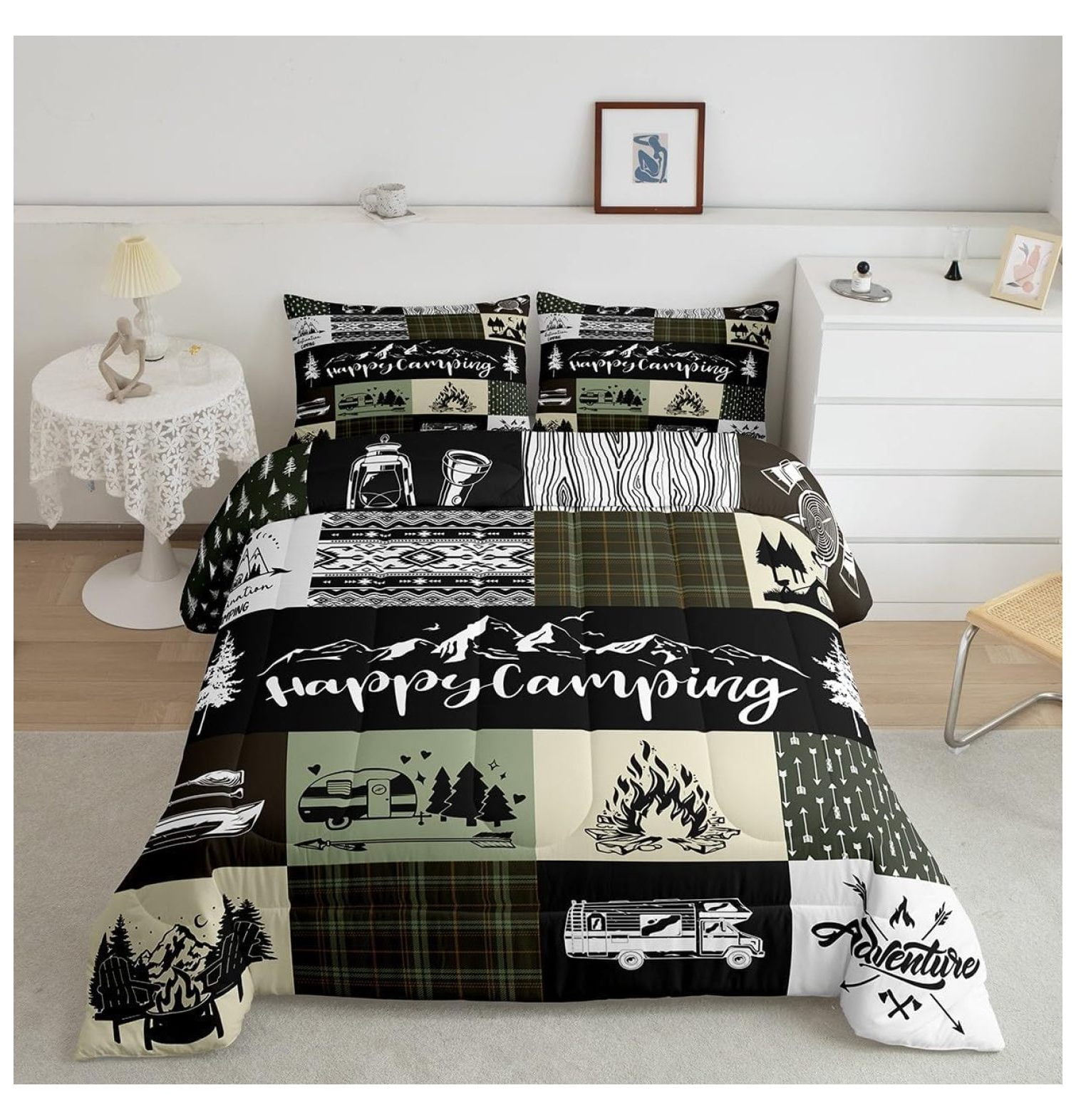 Camper Adventure Comforter Set Queen Size,Happy Camping Plaid Travel ...