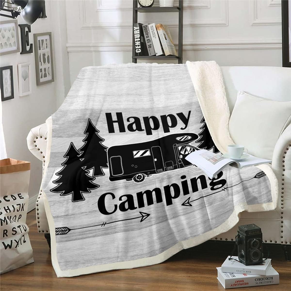 Camper Blanket, Happy Camping Throw Blanket for Couch Bed, Vintage ...