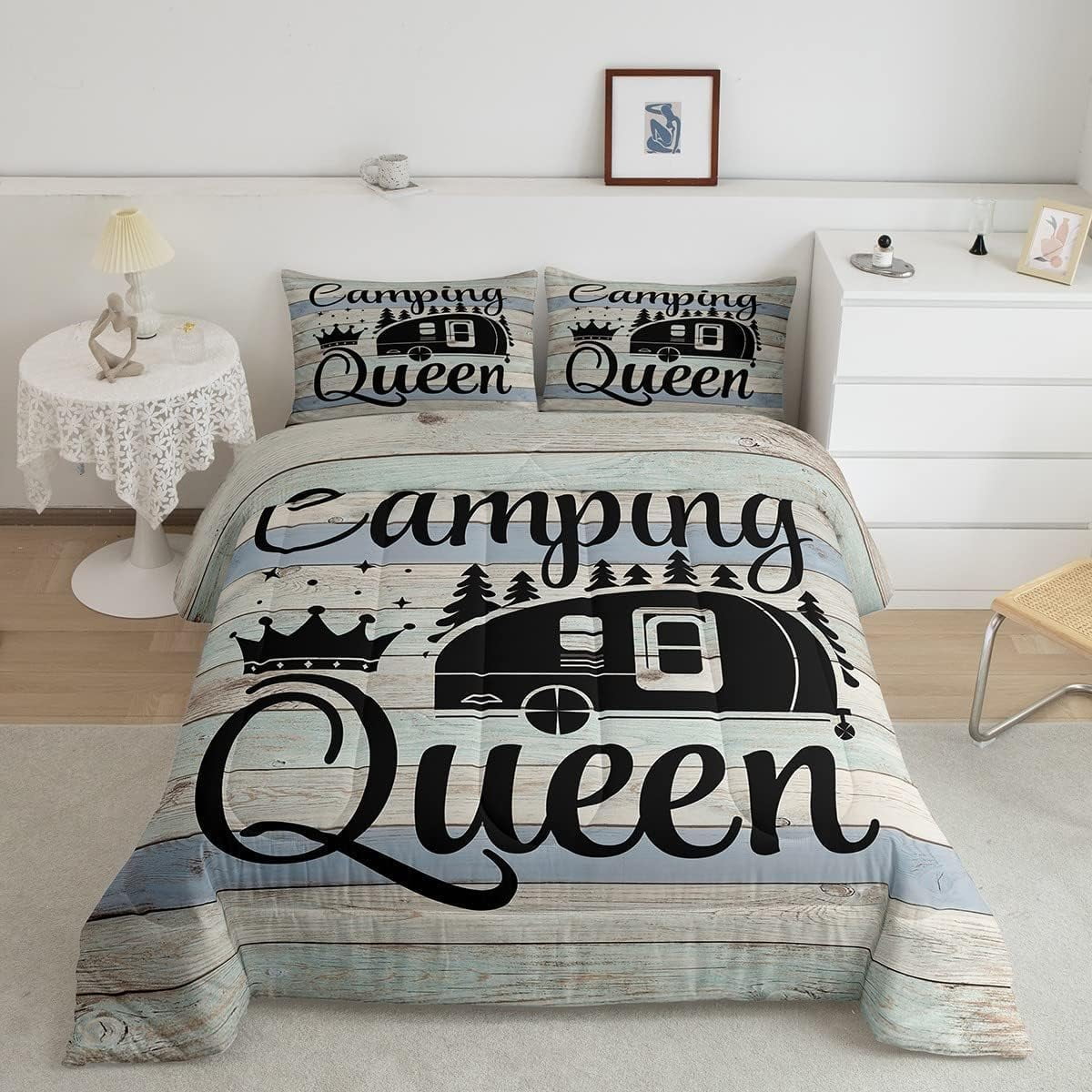Camper Comforter Set Queen Size Happy Camping Quilt Red Rustic ...