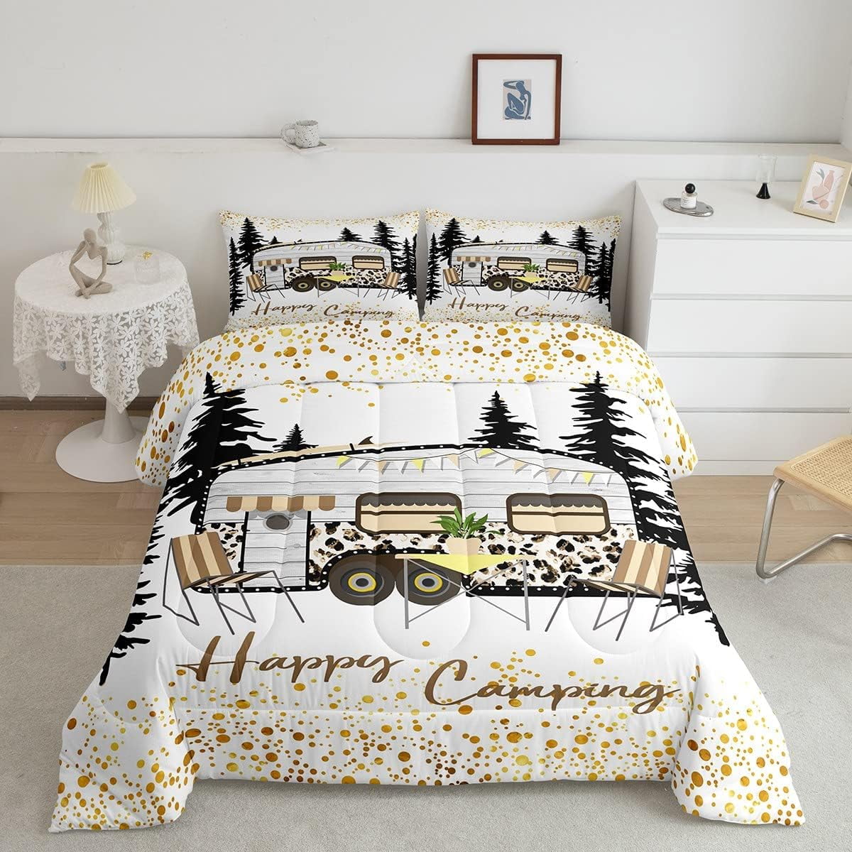 Camper Comforter Set Queen Size Happy Camping Quilt Red Rustic ...