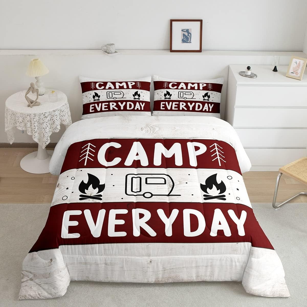 Camper Comforter Set Queen Size Happy Camping Quilt Red Rustic ...