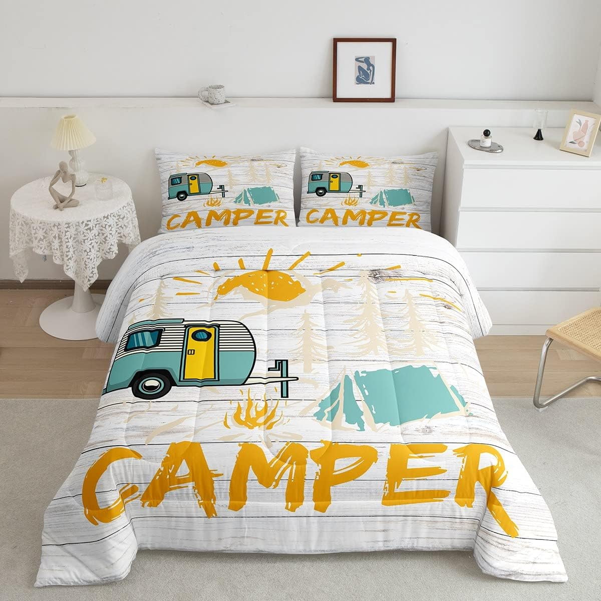 Camper Comforter Set Queen Size Happy Camping Quilt Red Rustic ...