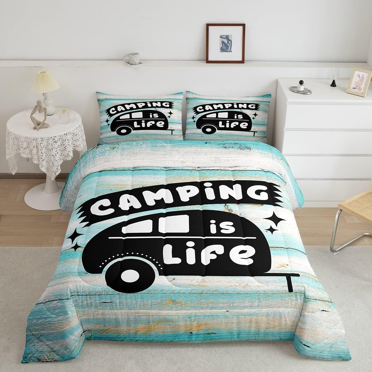 Camper Comforter Set Queen Size Happy Camping Quilt Red Rustic ...