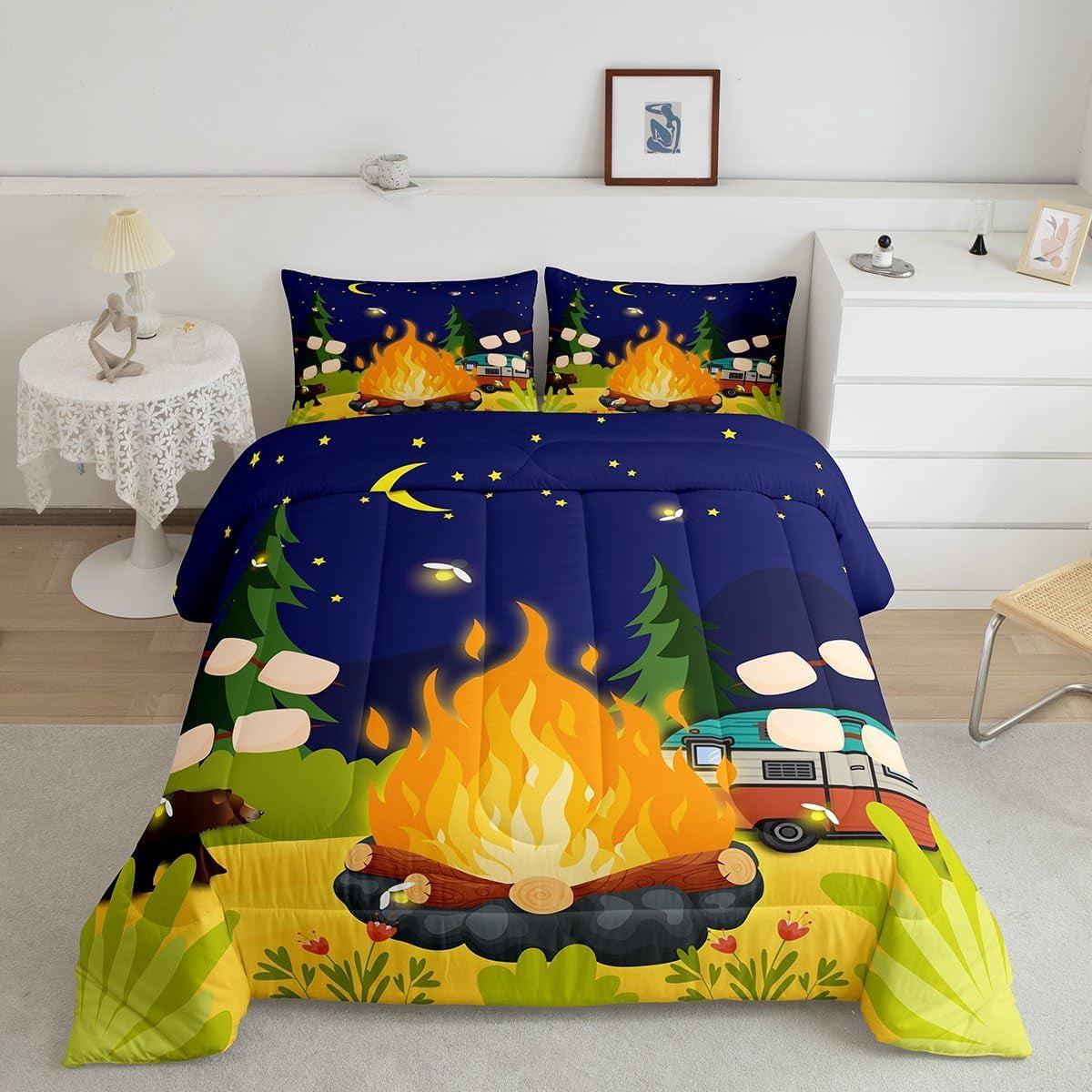 Camper Comforter Set Queen Size Happy Camping Quilt Red Rustic ...