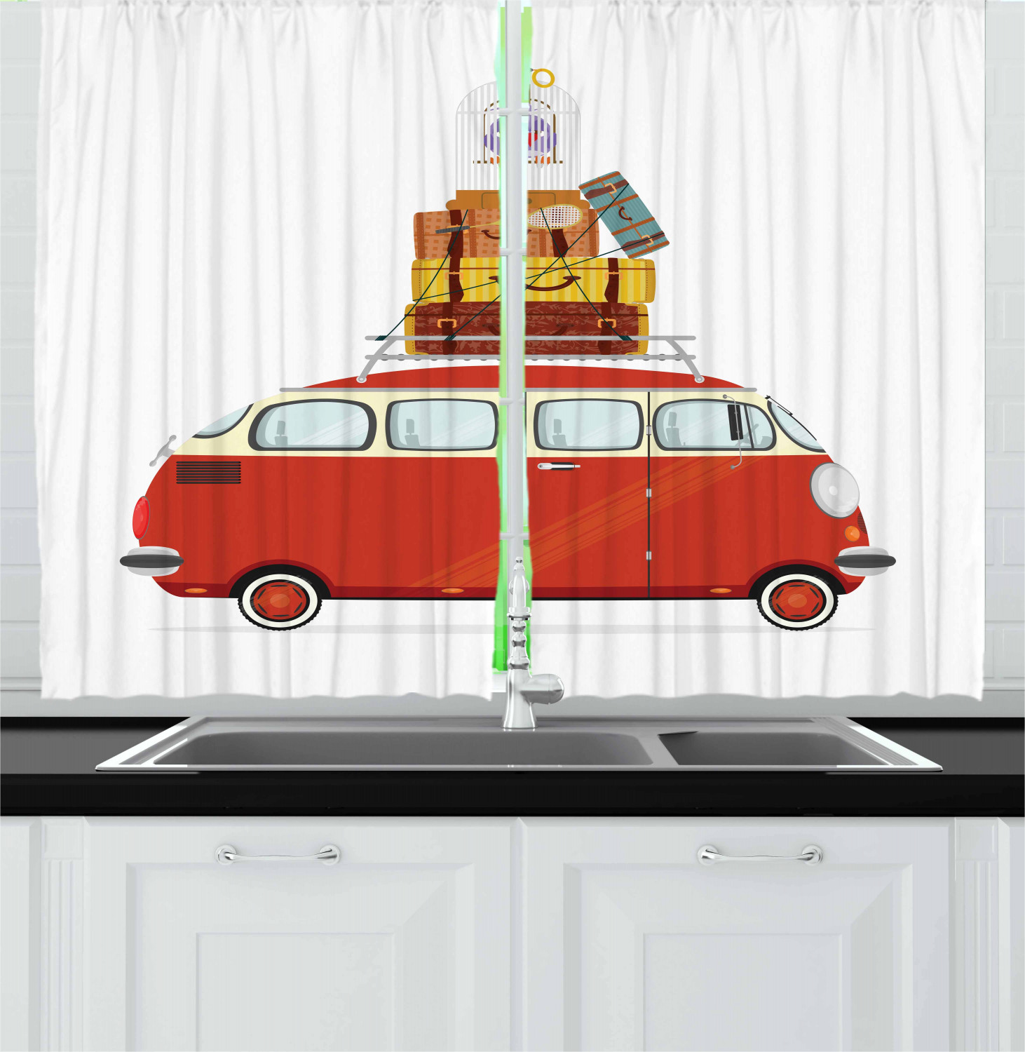 Camper Curtains 2 Panels Set, Cartoon Style Retro Minivan with ...