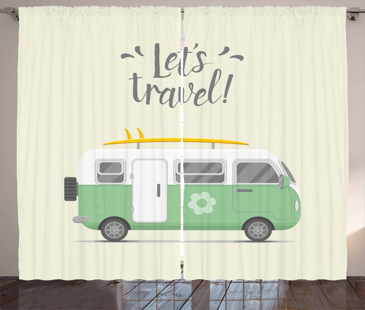 Camper Curtains 2 Panels Set, Let's Travel Quote with Vintage Hippie ...