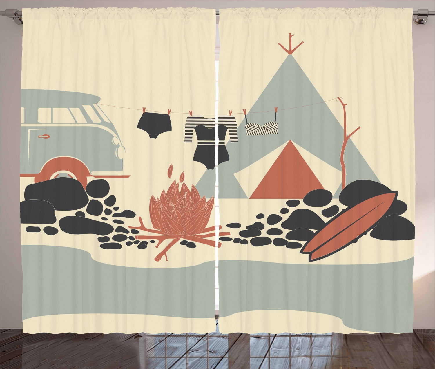 Camper Curtains 2 Panels Set, Tent Fire and Hippie Van in Wilderness ...