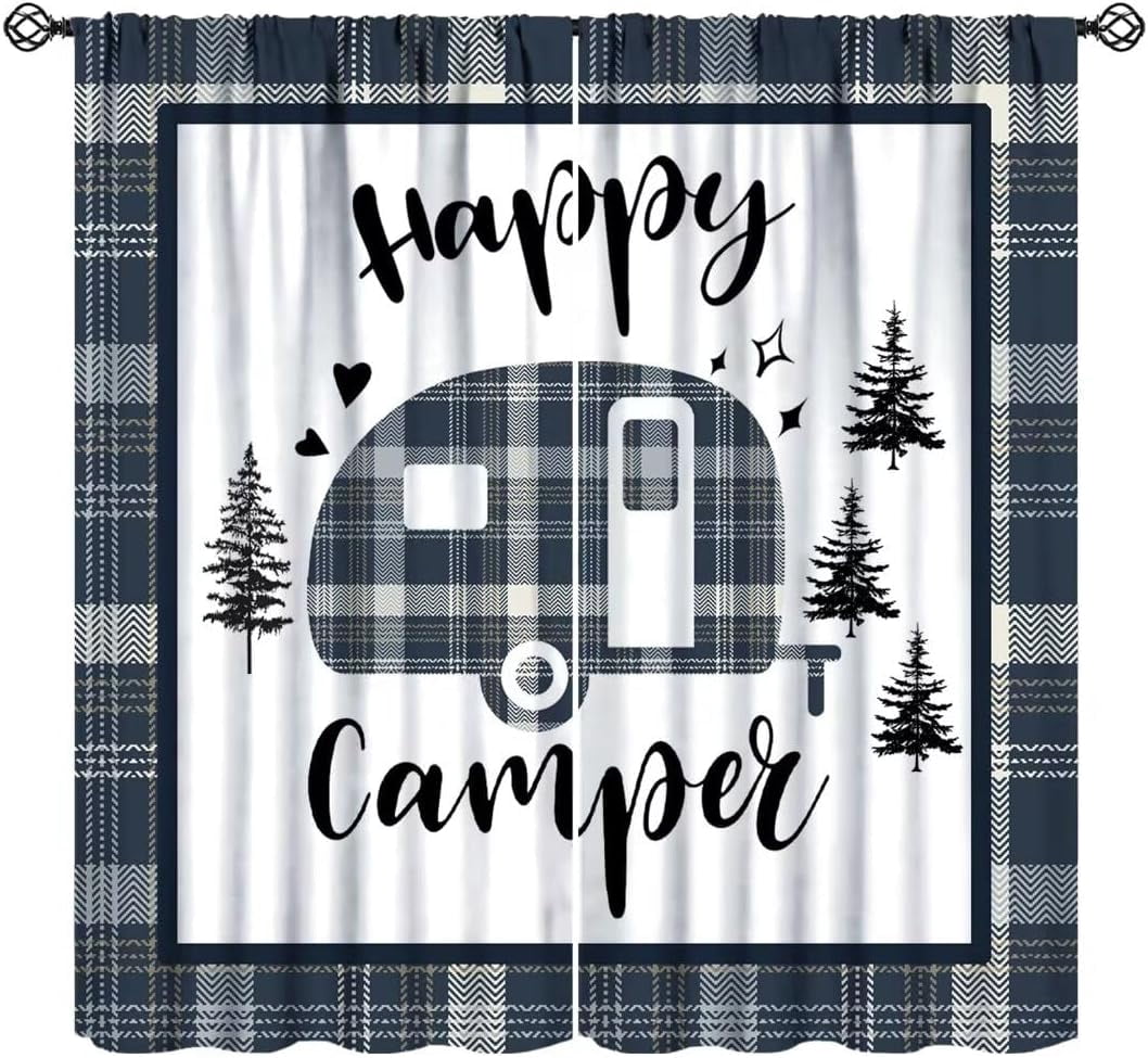 Camper Curtains, Farmhouse Vintage Blue Check Plaid Camping Rustic Camp ...