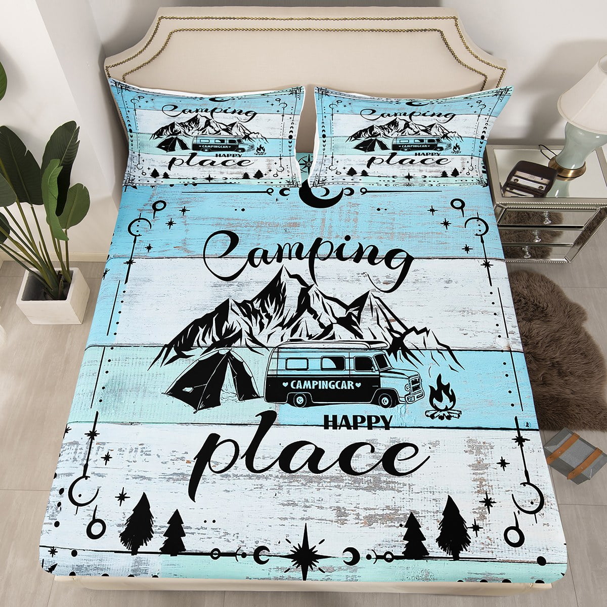 Camper Fitted Sheet Happy Camping Bedding Set, Rv Camping Bed Sheets ...
