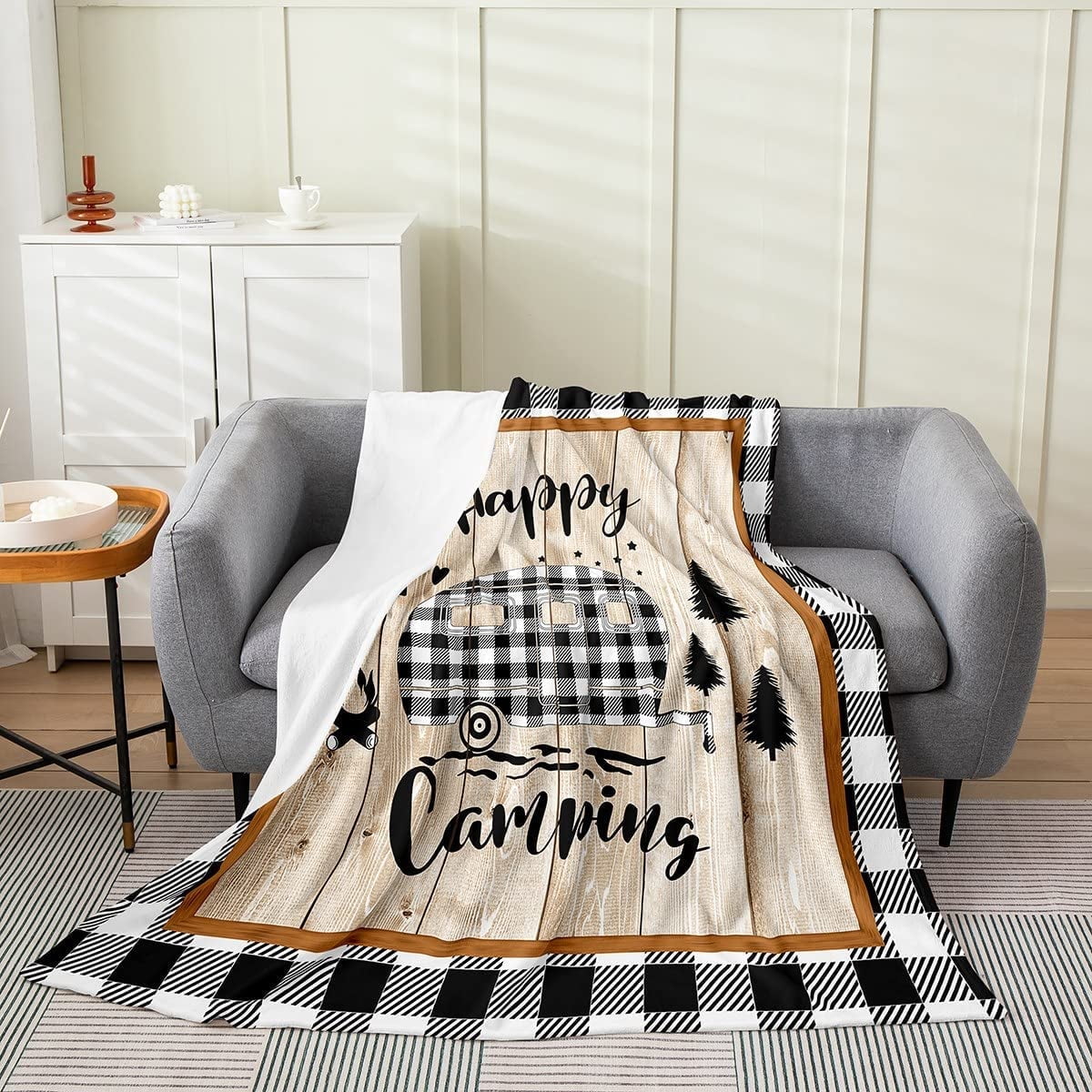 Camper Flannel Fleece Throw Blanket,All Season Happy Camping Rustic ...