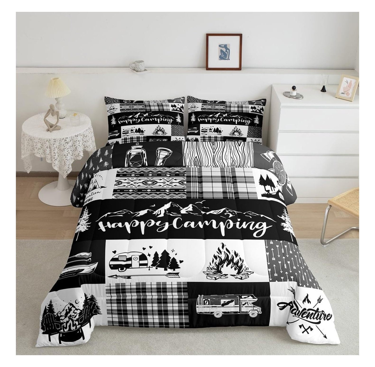 Camper Patchwork Comforter Set King Size,RV Happy Camping Hunting ...