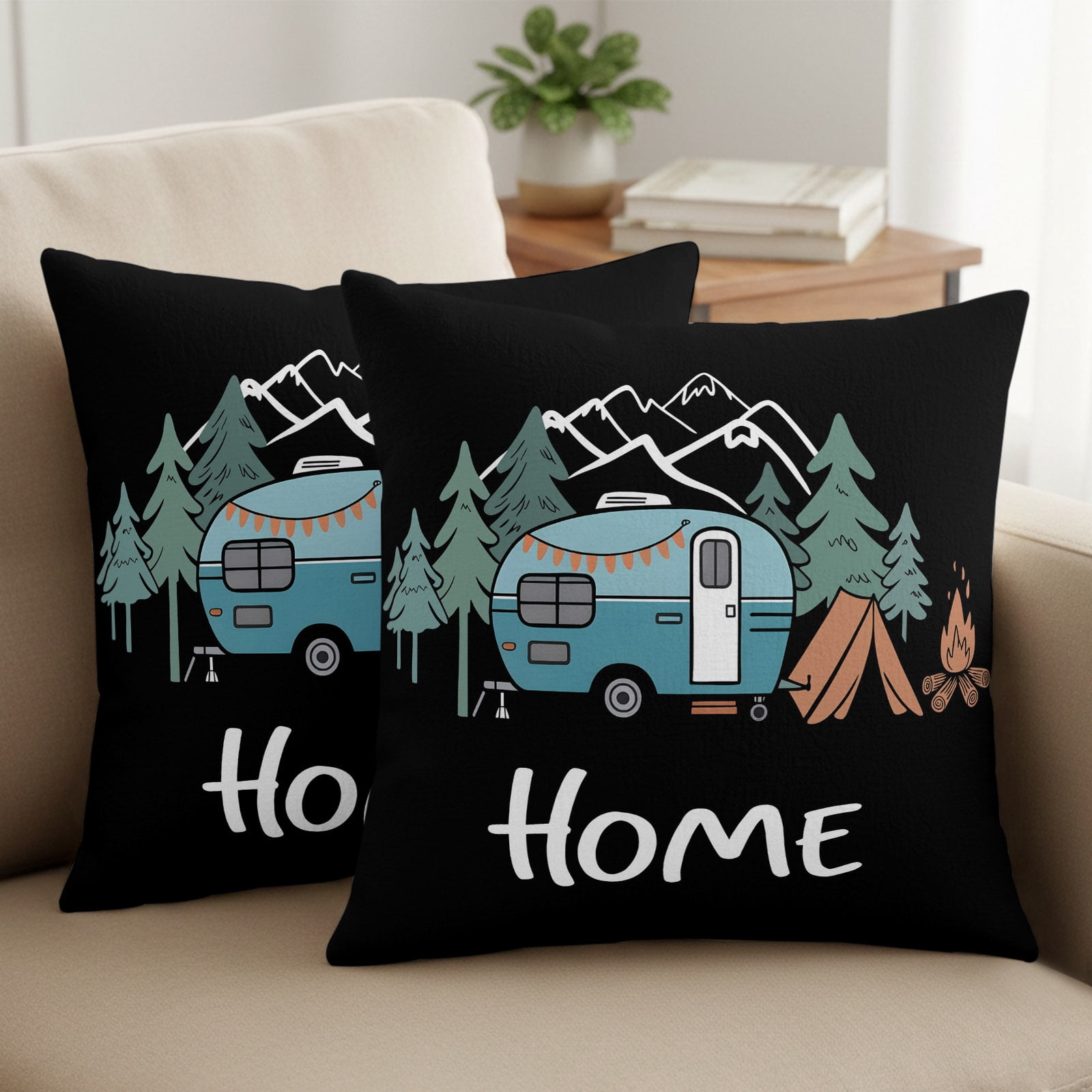 Camper Pillow Covers Set of 2, Home Mountain Pine Trees Tent Forest ...