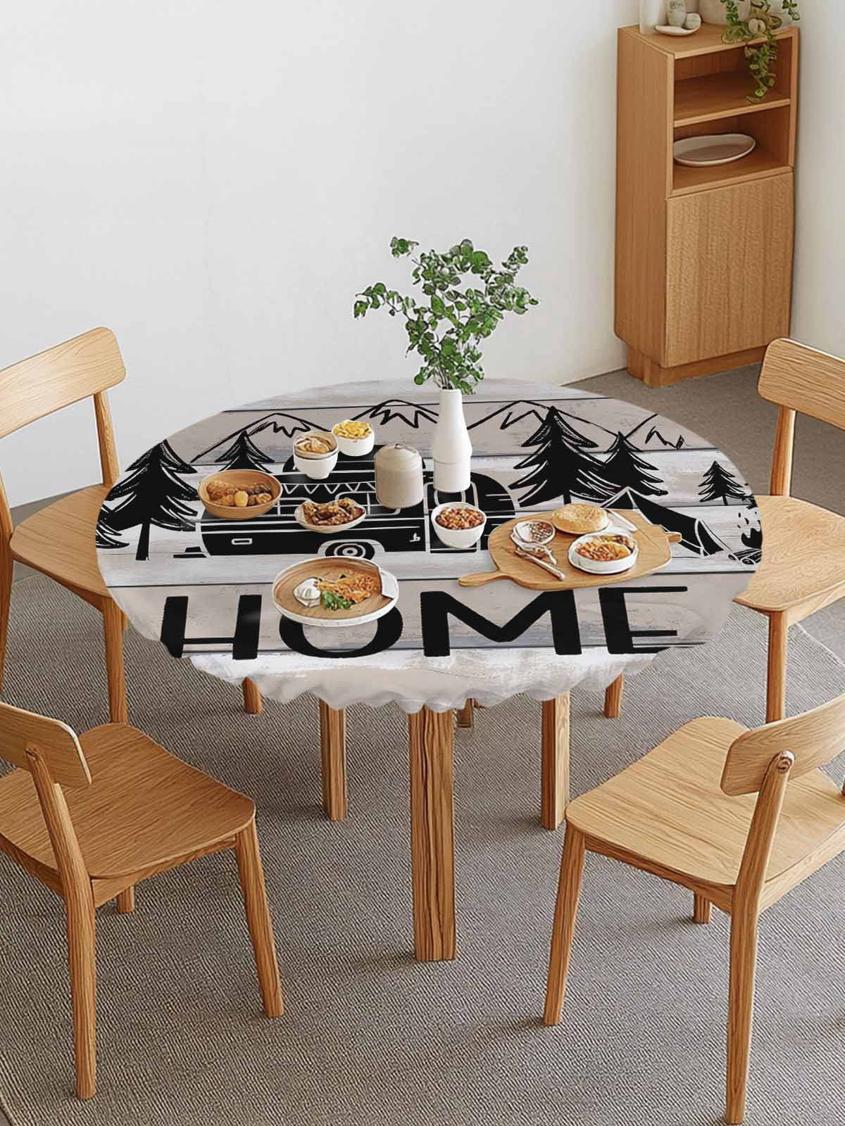 Camper Round Fitted Tablecloth with Elastic Edge, Mountain Pine Trees ...