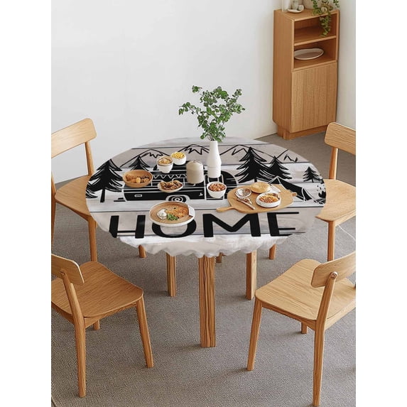 Camper Round Fitted Tablecloth with Elastic Edge, Mountain Pine Trees ...
