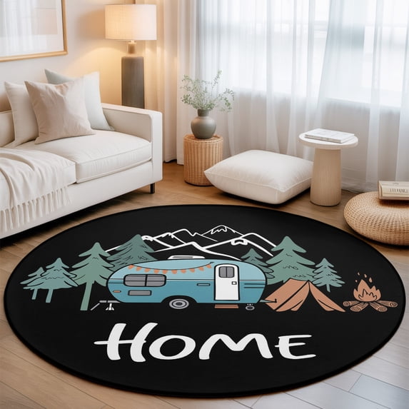 Camper Round Living Room Rugs 3.3 ft, Home Mountain Pine Trees Tent ...