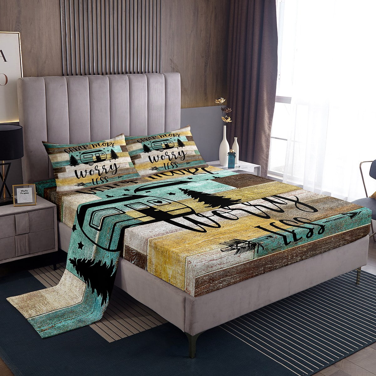 Camper Sheet Set,Camping Themed Bed Sheets,RV Camping Car Fitted Sheet ...