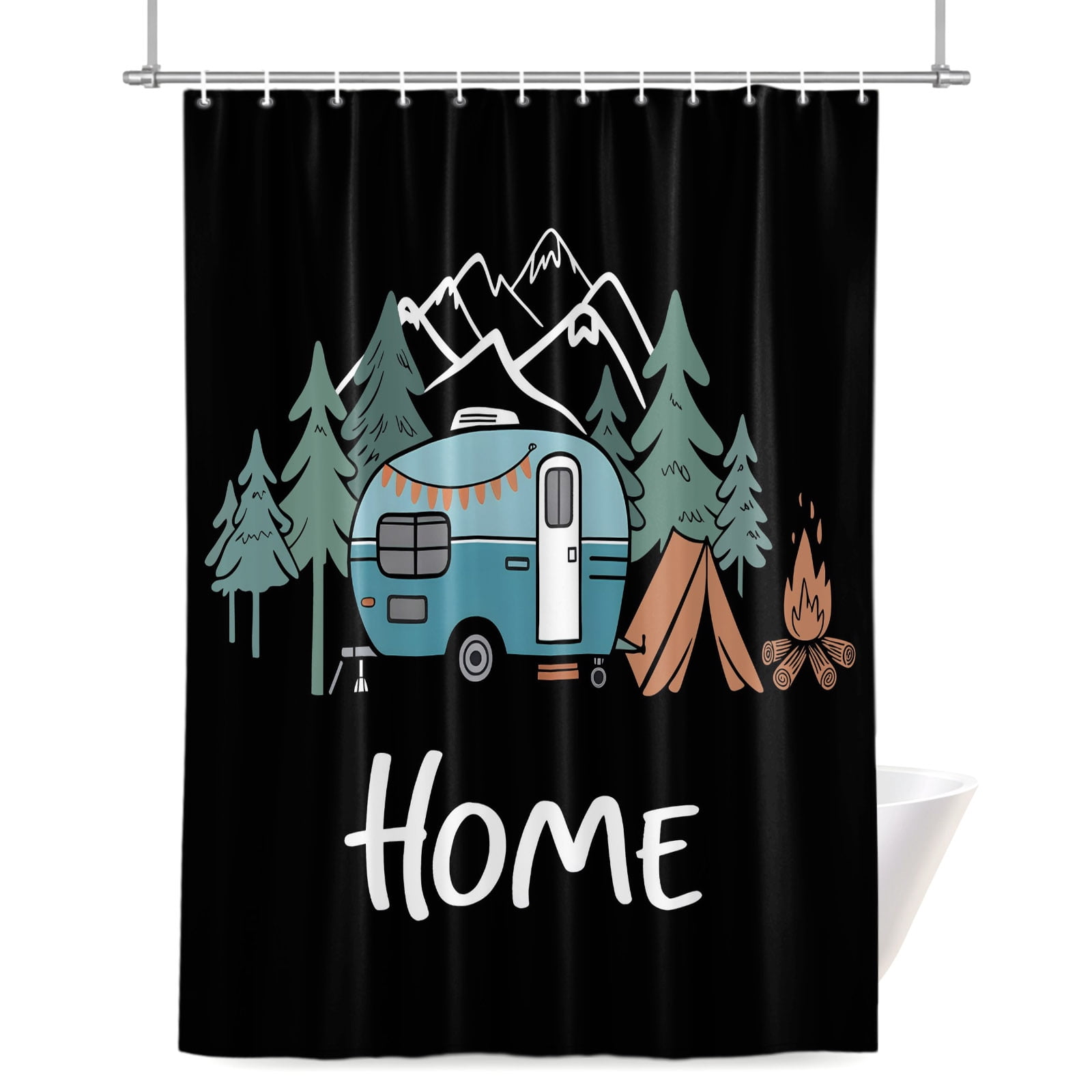 Camper Shower Curtain, Home Mountain Pine Trees Tent Forest Rustic ...