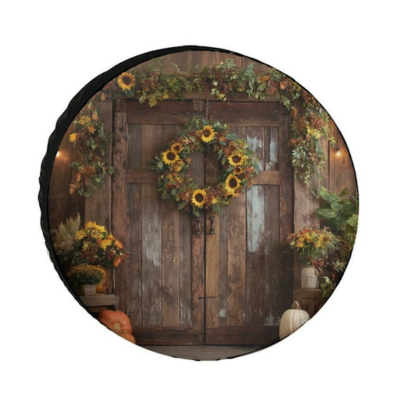 Camper Spare Tire Cover Rustic Autumn Pumpkins Wood Barn Door Wheel ...