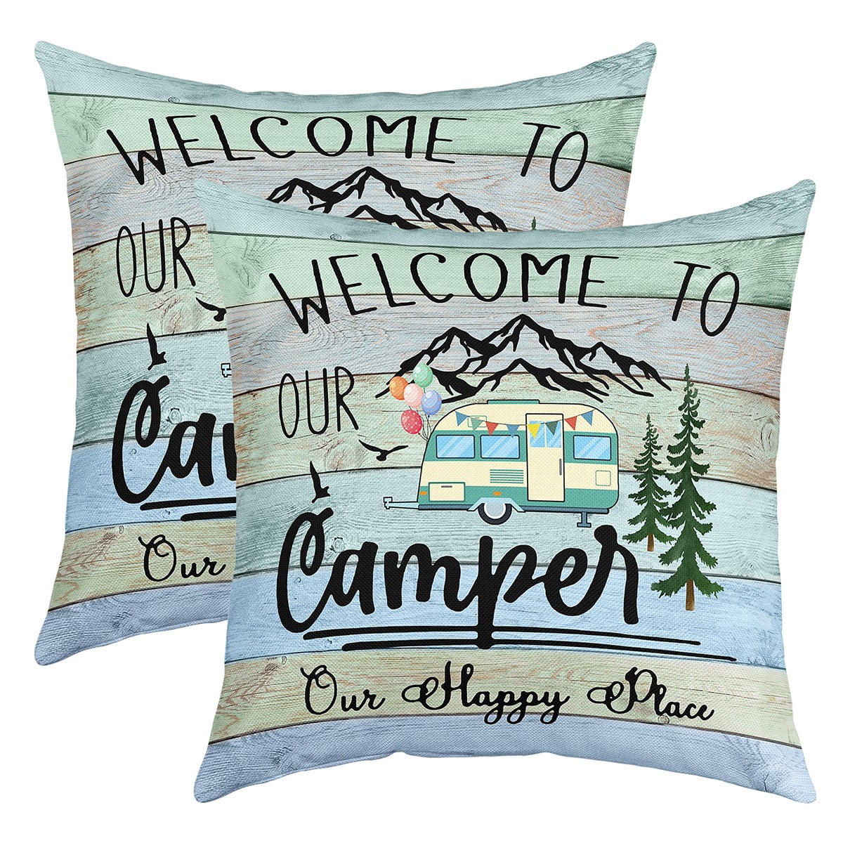Camper Themed Throw Pillow Covers 18x18 Inch Set of 2, Happy Camping ...