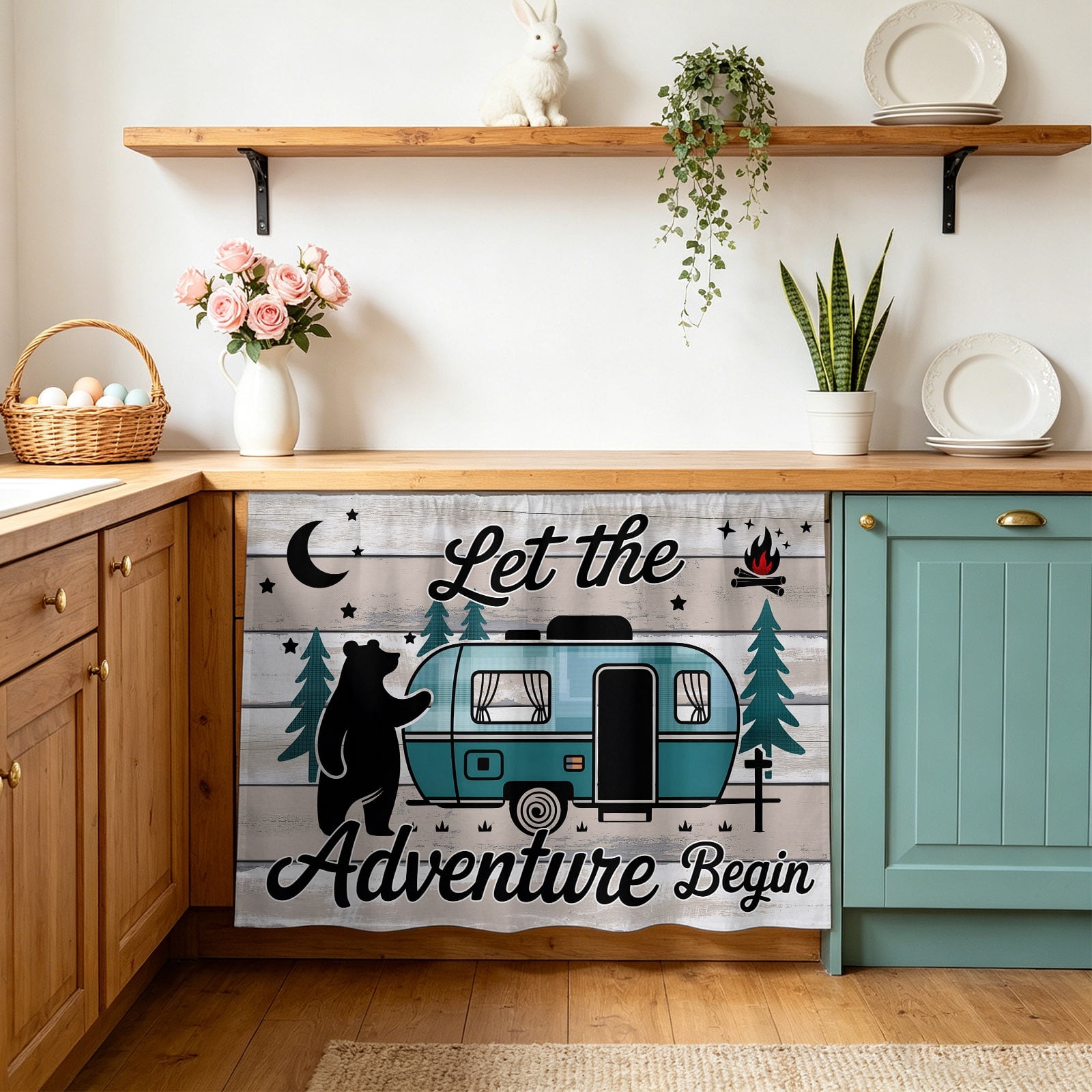 Camper Van Bear Cabinet Curtains 11" W x 13" L Let The Adventur Vintage ...