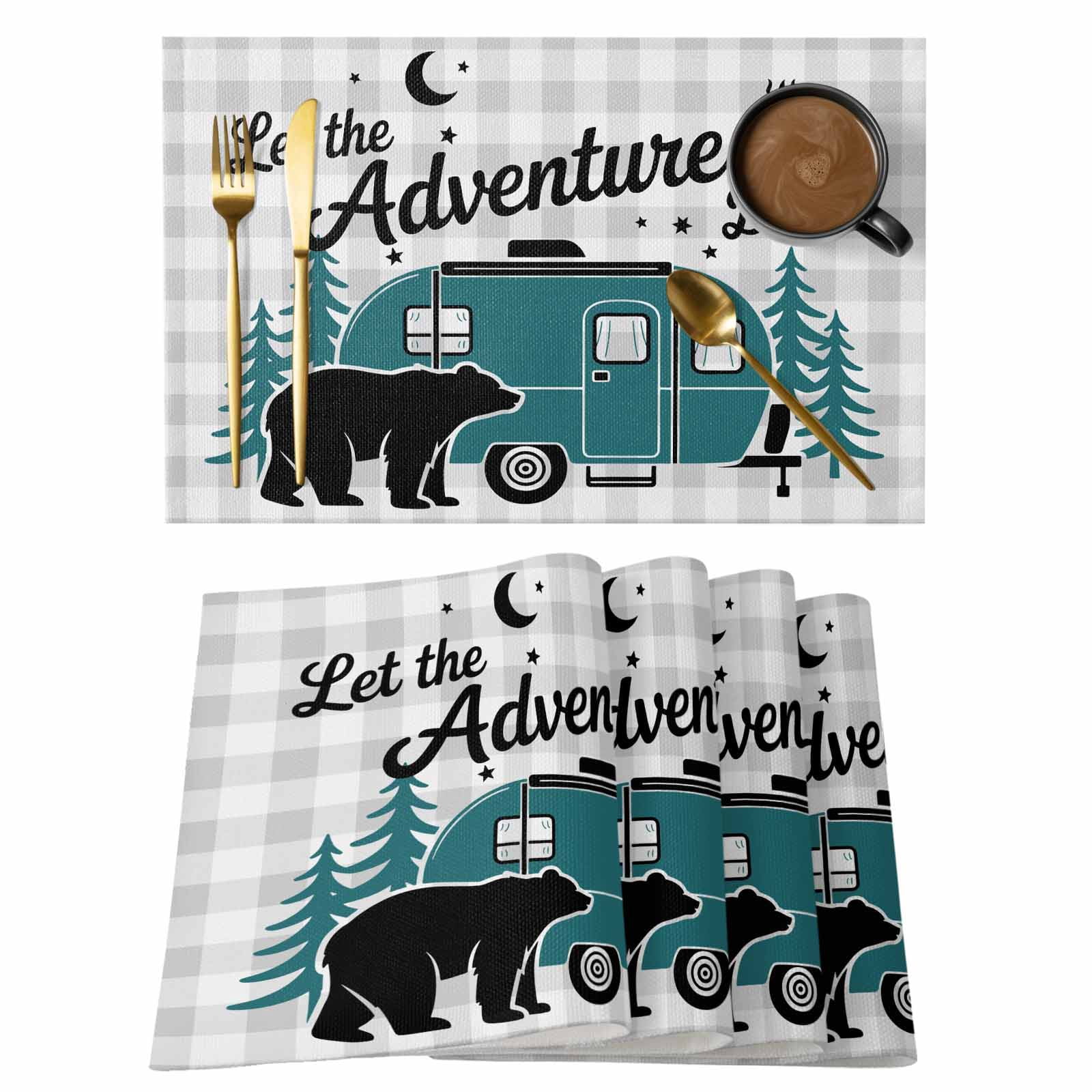Camper Van Bear Cotton Linen Placemats Set of 8, Let The Adventure ...