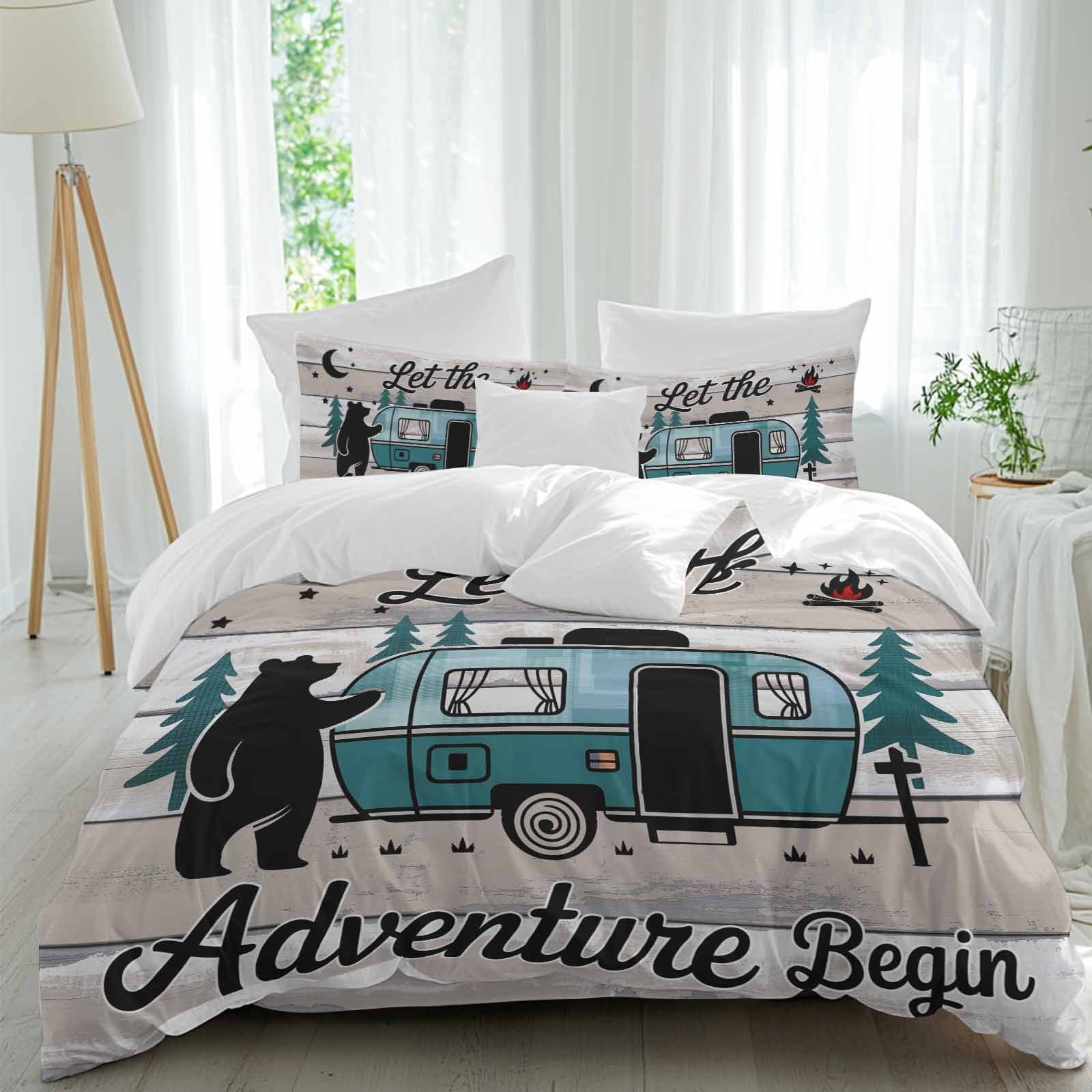 Camper Van Bear Queen Duvet Cover Set, Let The Adventur Vintage Wood ...