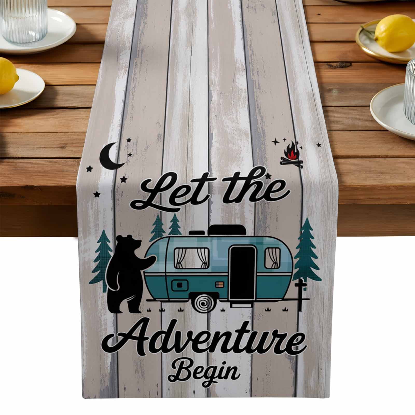 Camper Van Bear Table Runner, Let The Adventur Vintage Wood Grain ...