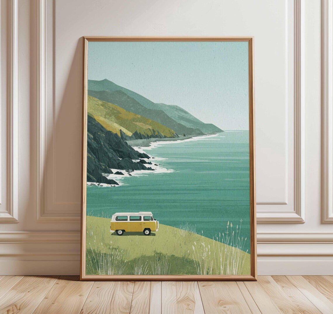 Camper Van Coastal Landscape Retro Travel Vintage Bus Adventure Decor ...