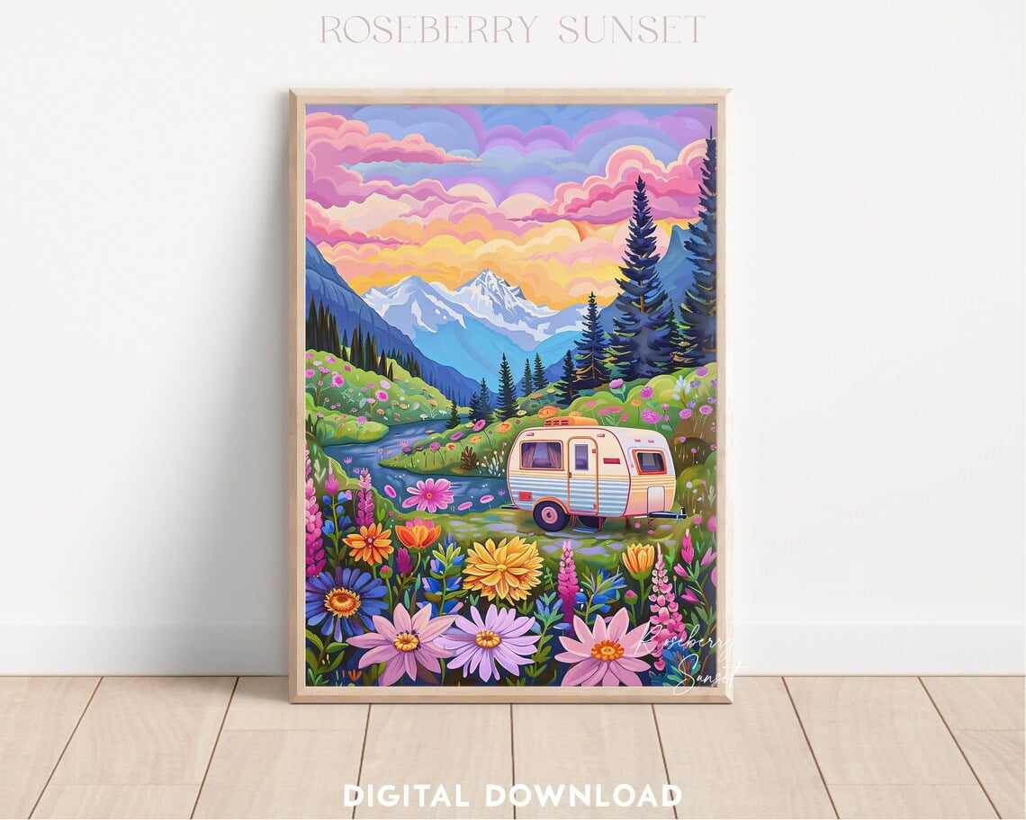 Camper Van Daisy Wildflower Field Meadow Colorful Landscape Art Print ...