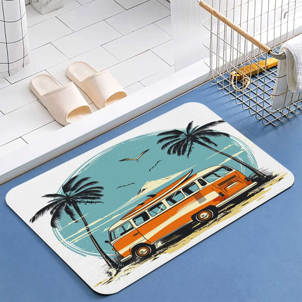 Camper Van Palm Trees Diatomite Bath Mats Bathroom Absorbent Anti Slip ...
