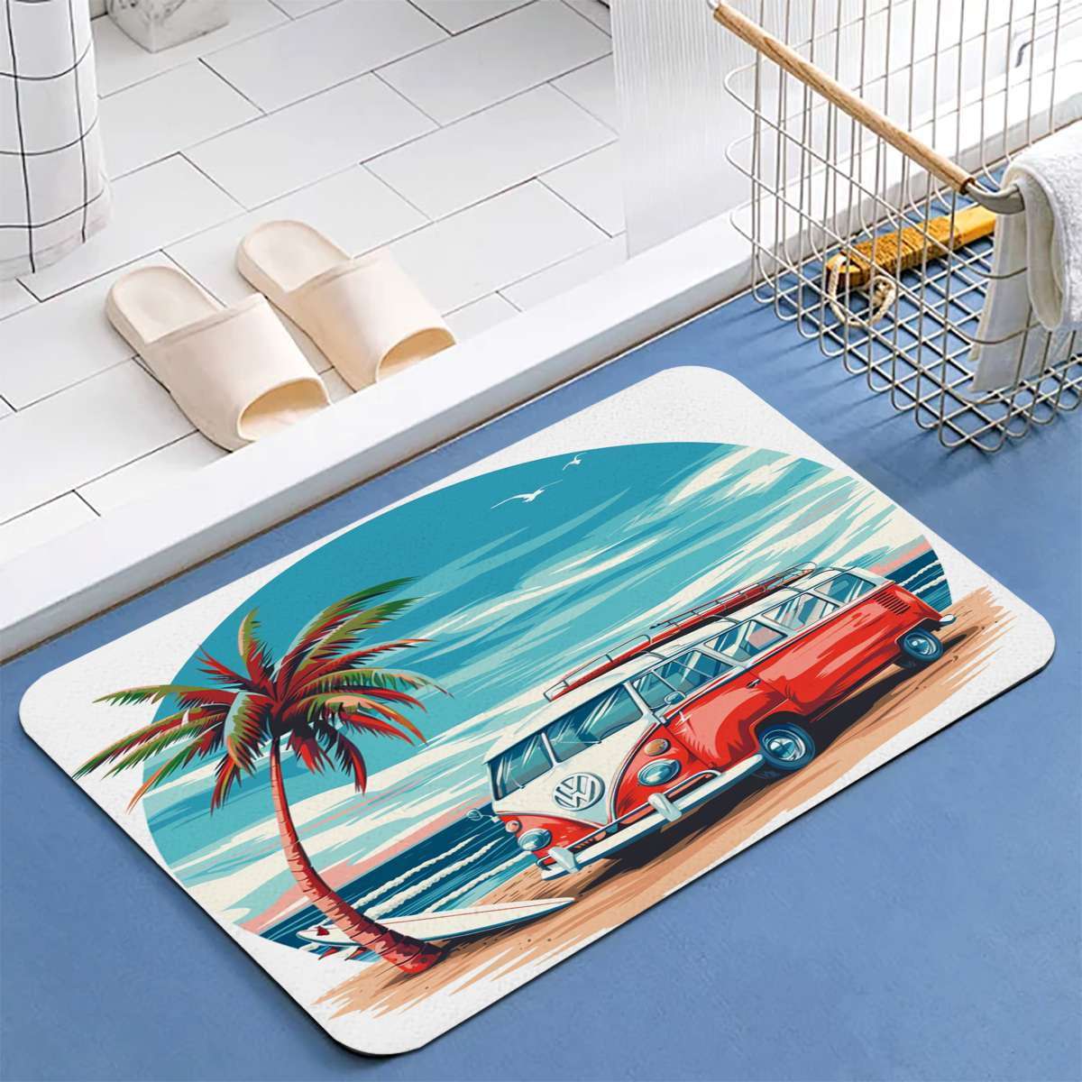 Camper Van Palm Trees Diatomite Bath Mats Bathroom Absorbent Anti Slip ...