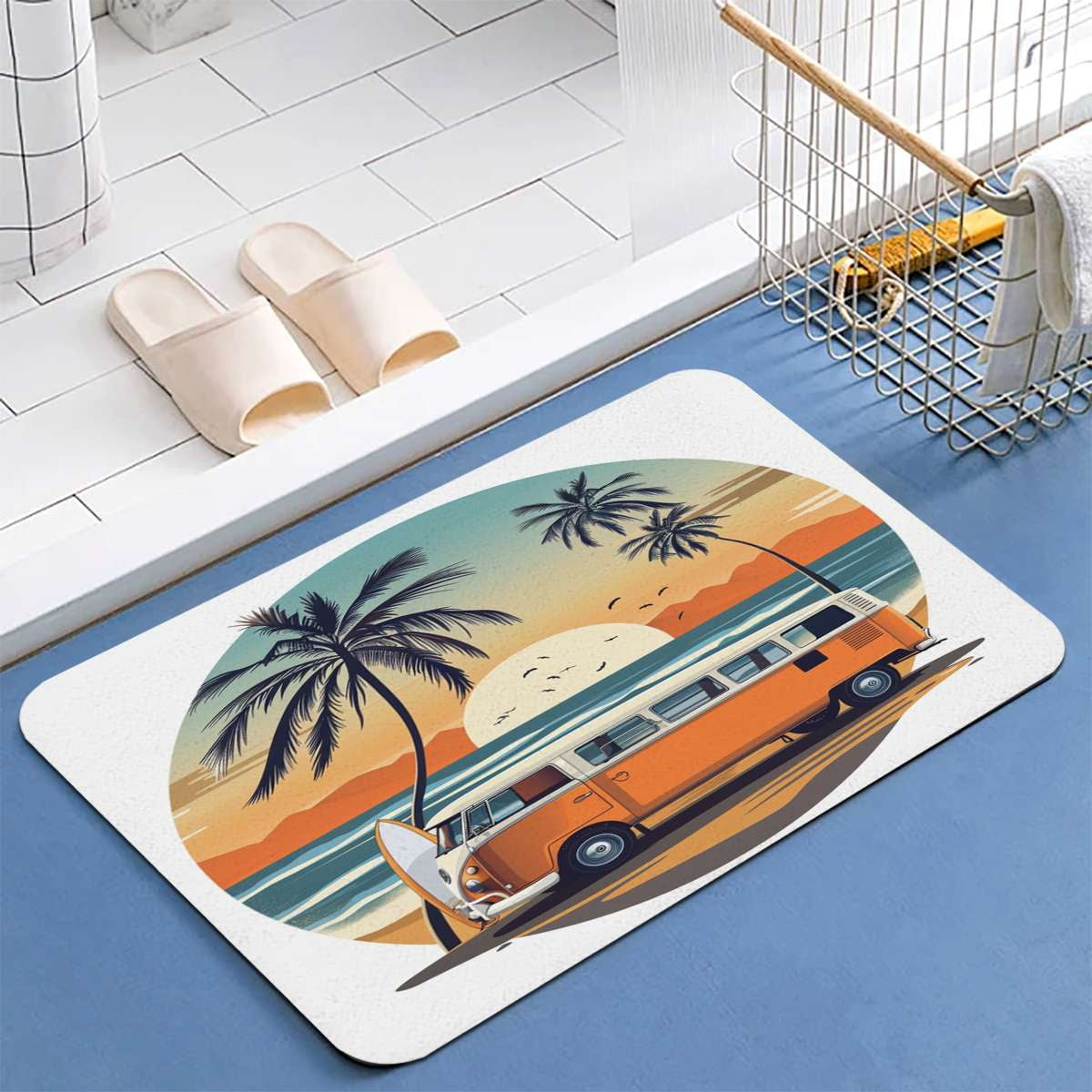 Camper Van Palm Trees Diatomite Bath Mats Bathroom Absorbent Anti Slip ...