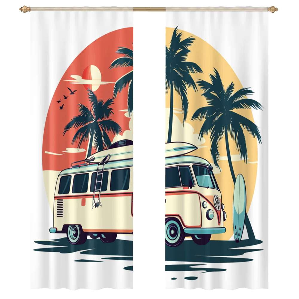 Camper Van Palm Trees Sheer Window Curtains for Living Room Kitchen ...