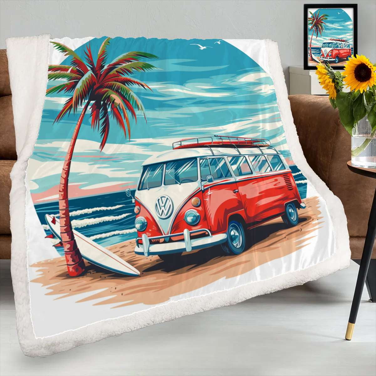 Camper Van Palm Trees Sherpa Blanket Throw Blanket For Bed Chair Sofa ...