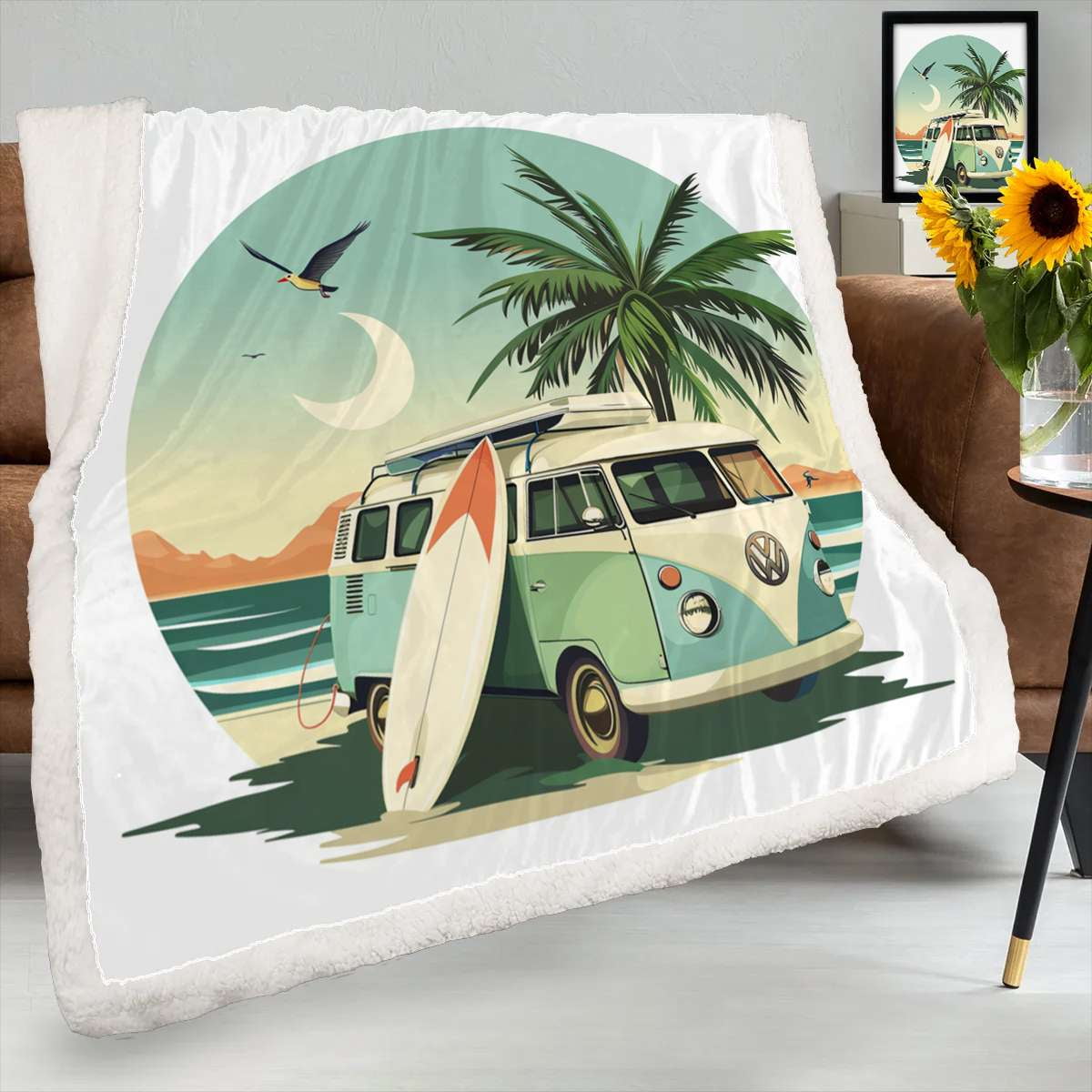 Camper Van Palm Trees Sherpa Blanket Throw Blanket For Bed Chair Sofa ...